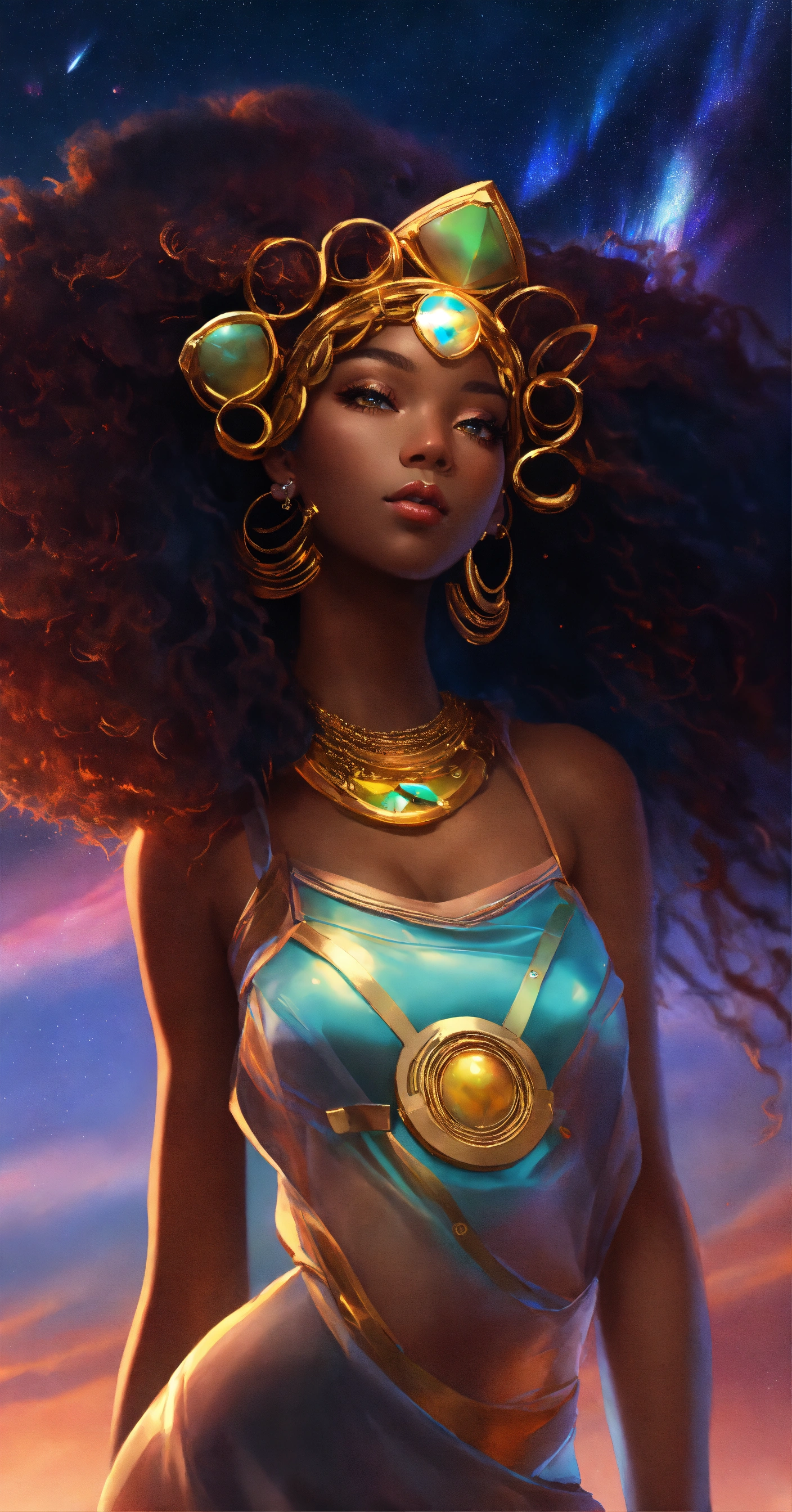 Lexica - Cute waifu, enigmatic African deity, afro-futurism, big amber eyes, hazel eyes, trendy ...