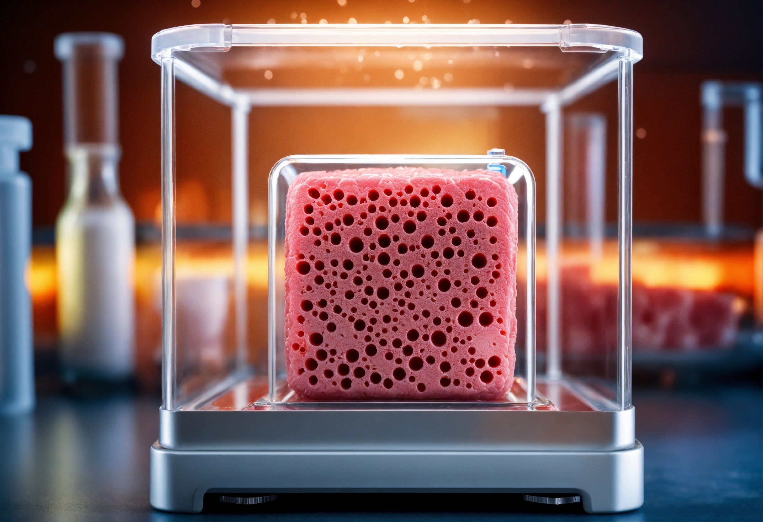 Lexica - Small cube of artificial meat in a futuristic scientific ...