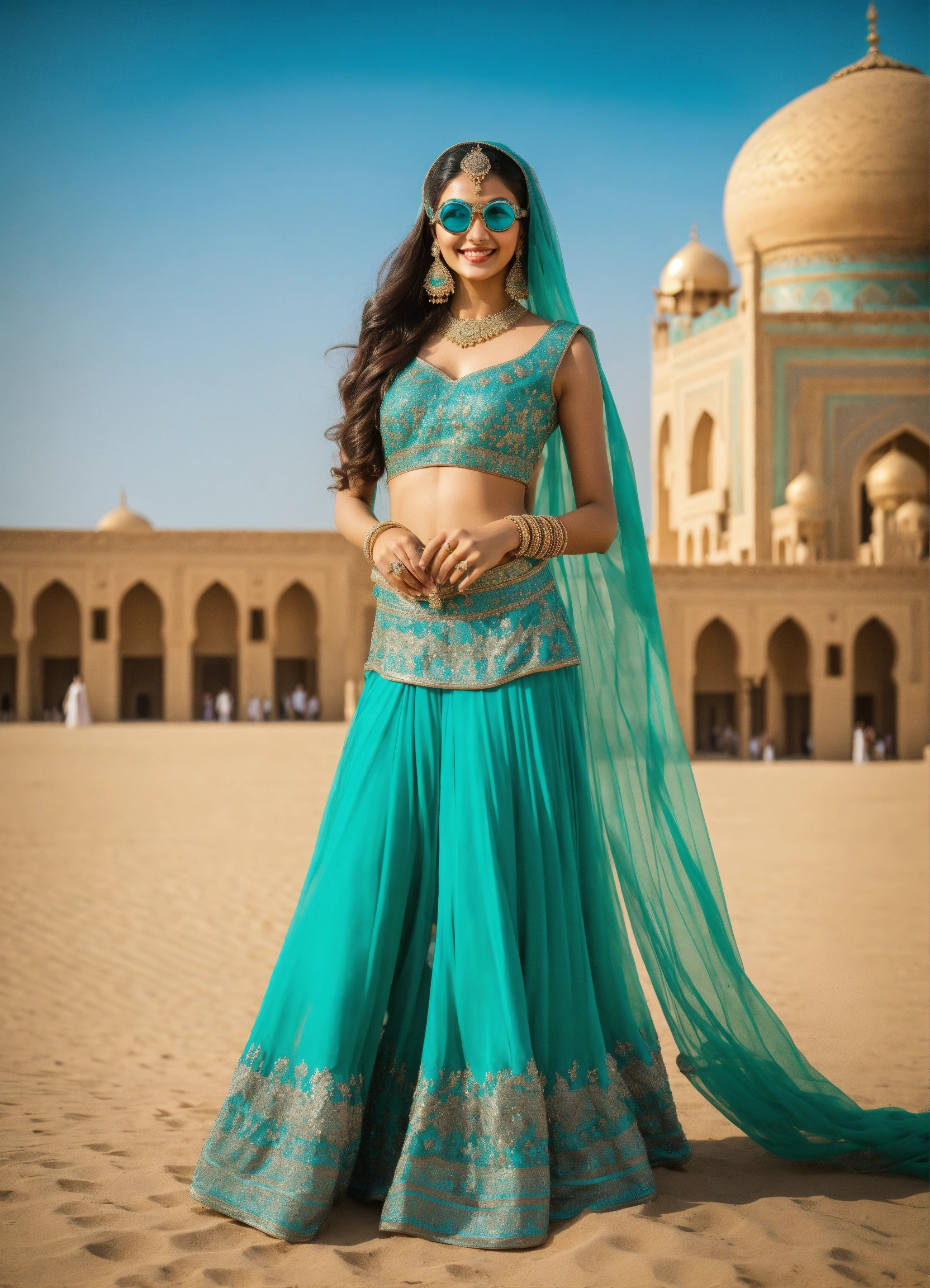 Lexica - Beautiful persian woman , standing in desert , royal palace ...