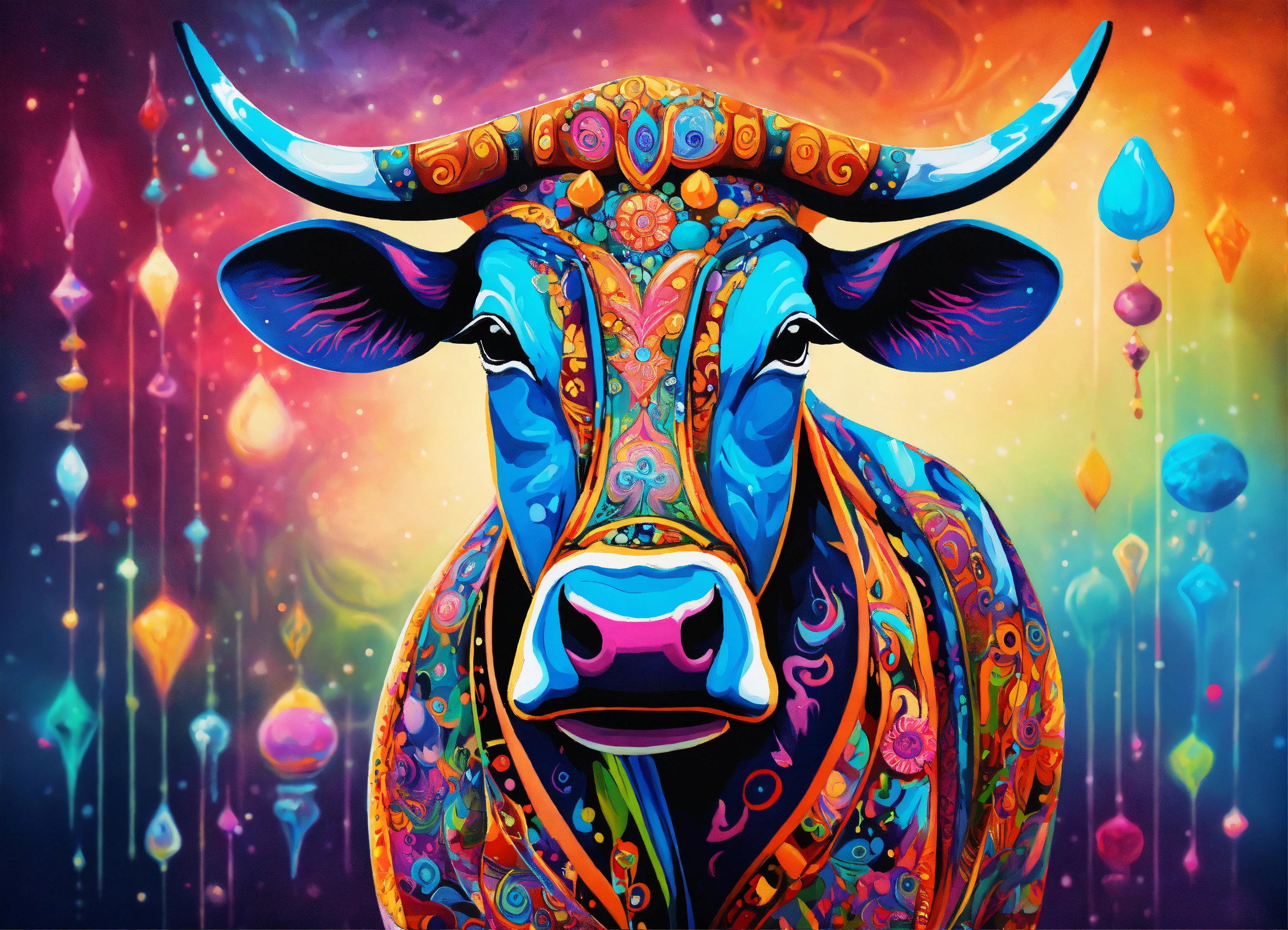 Lexica - Vibrant neo-traditional, a painting of a psychedelic cow with ...