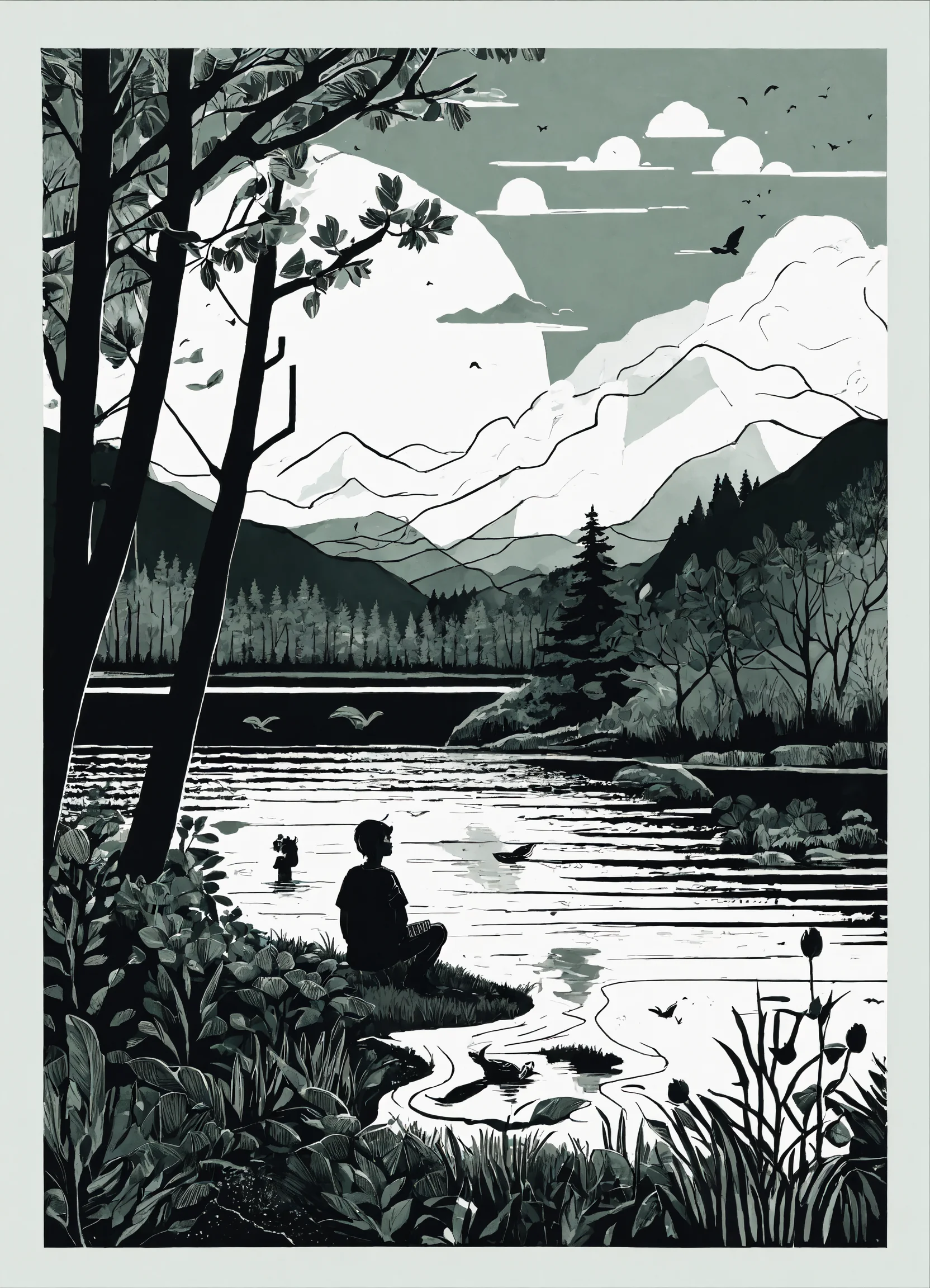 Lexica - Black and white cartoon of person in nature linocut outline ...