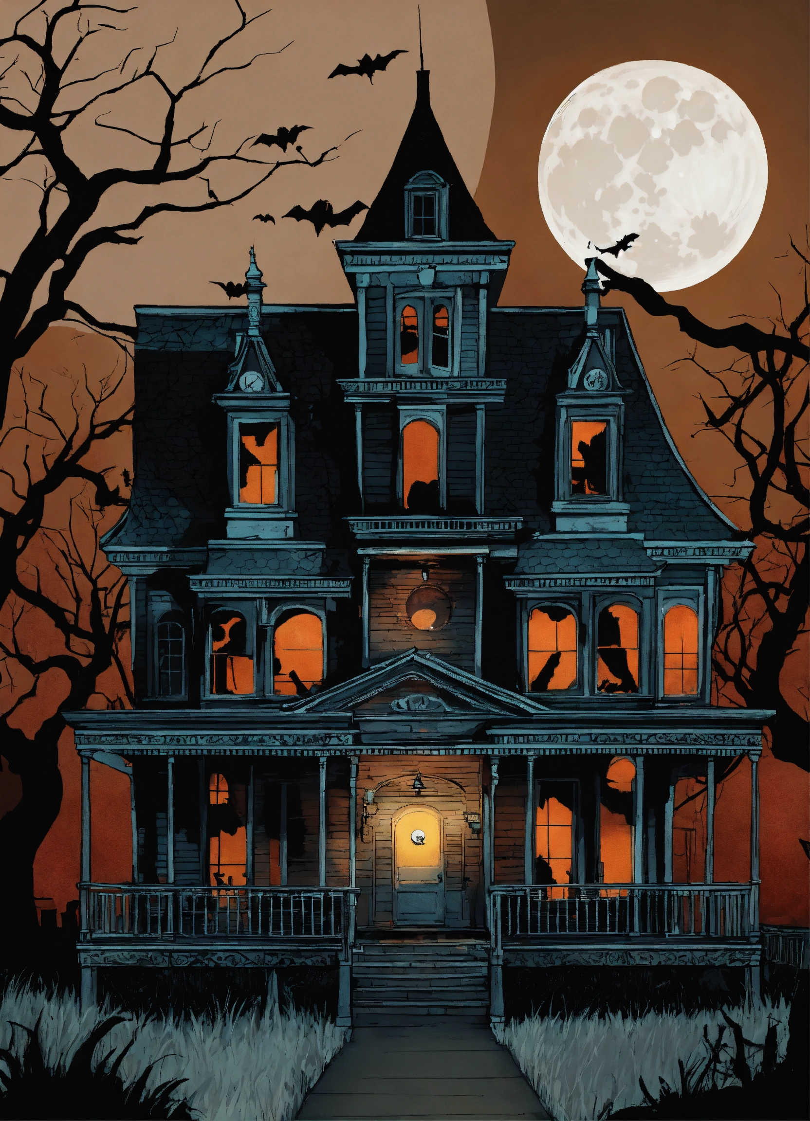 Lexica - Create an mystery image depicting an eerie haunted house with the moon above during ...