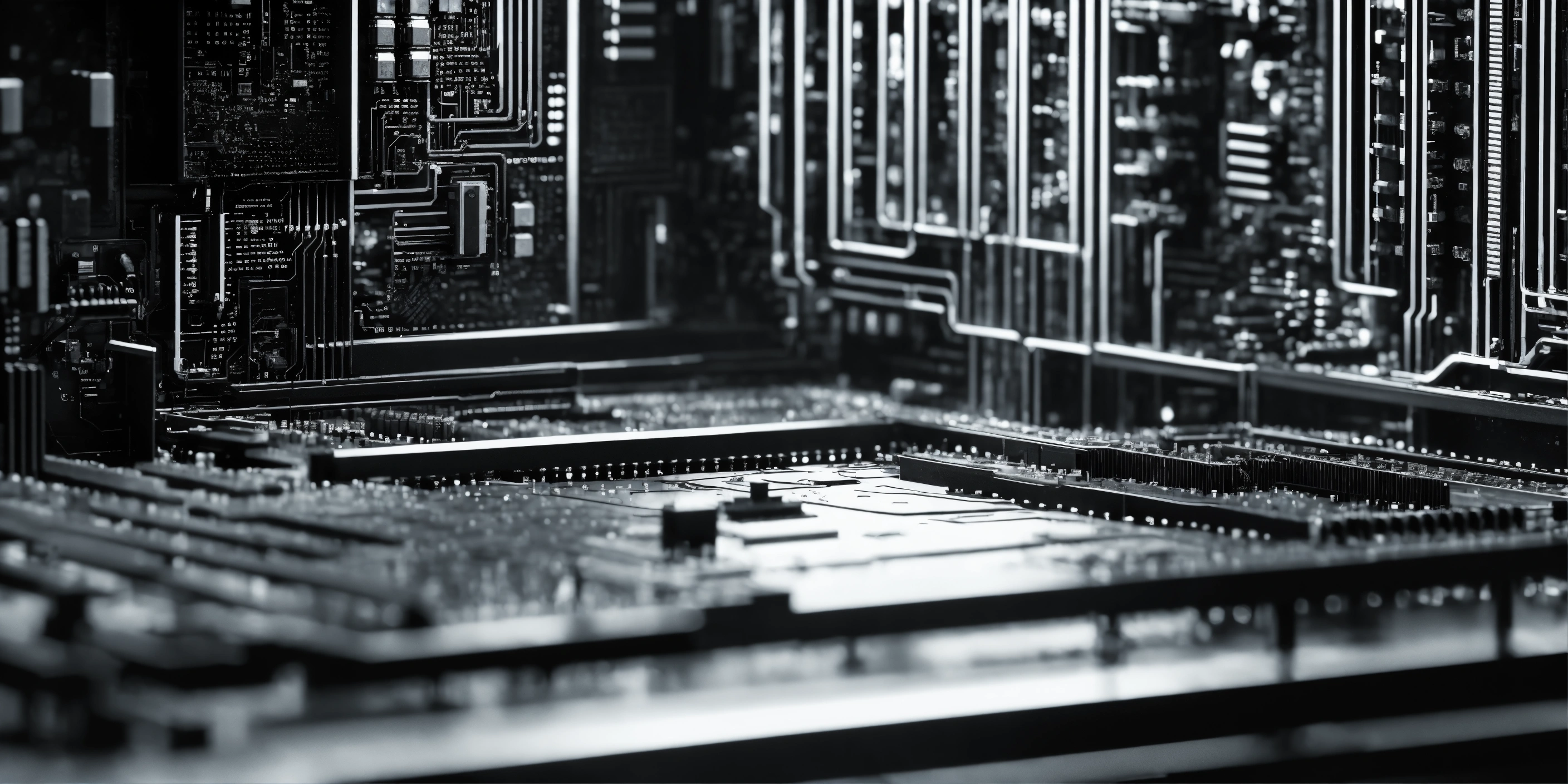 Lexica - A black and white photo of a computer circuit board, greeble texture, background of ...