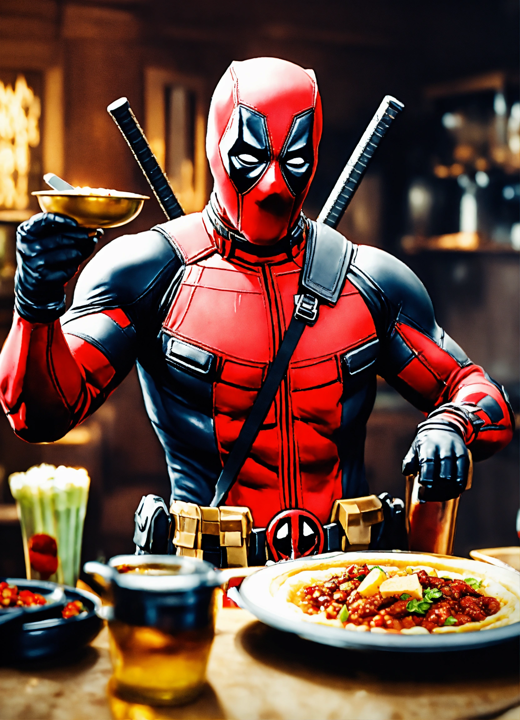 Lexica - Deadpool holding an coking a meal, unreal engine render, 8k