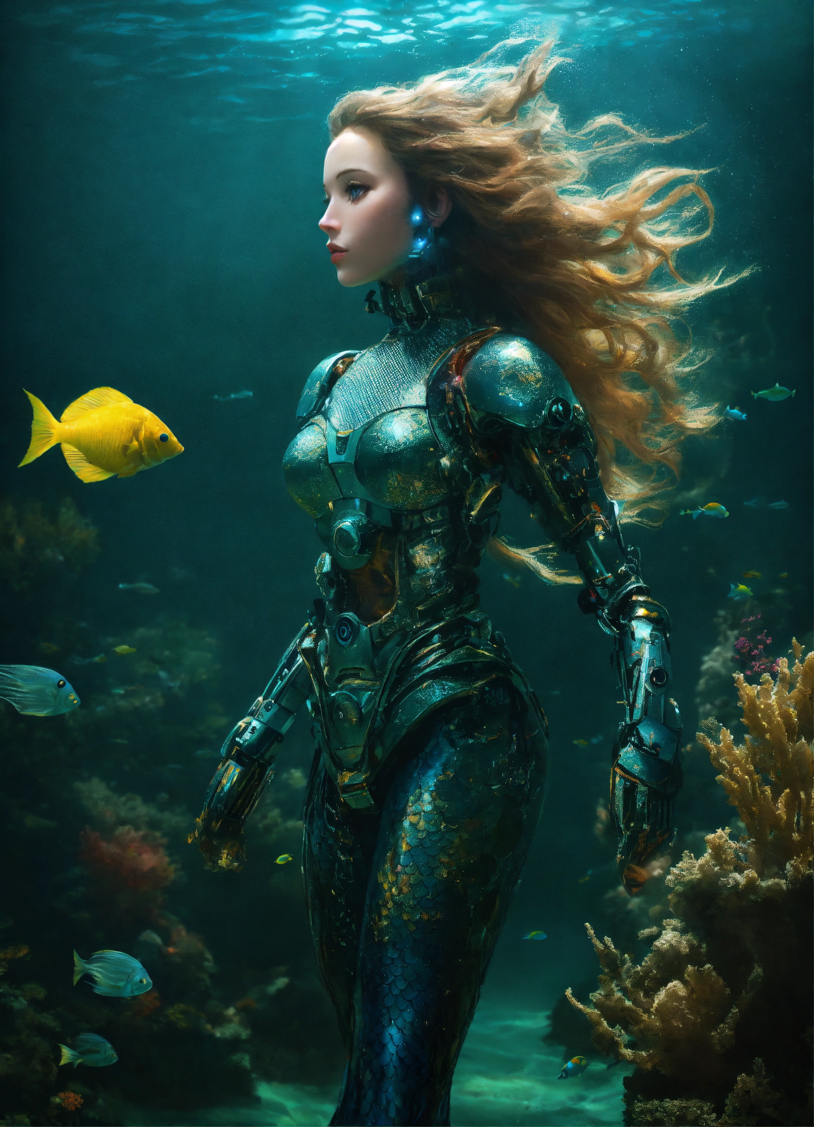 Lexica - A robot mermaid in the bottom of the sea, dark light , whit a ...