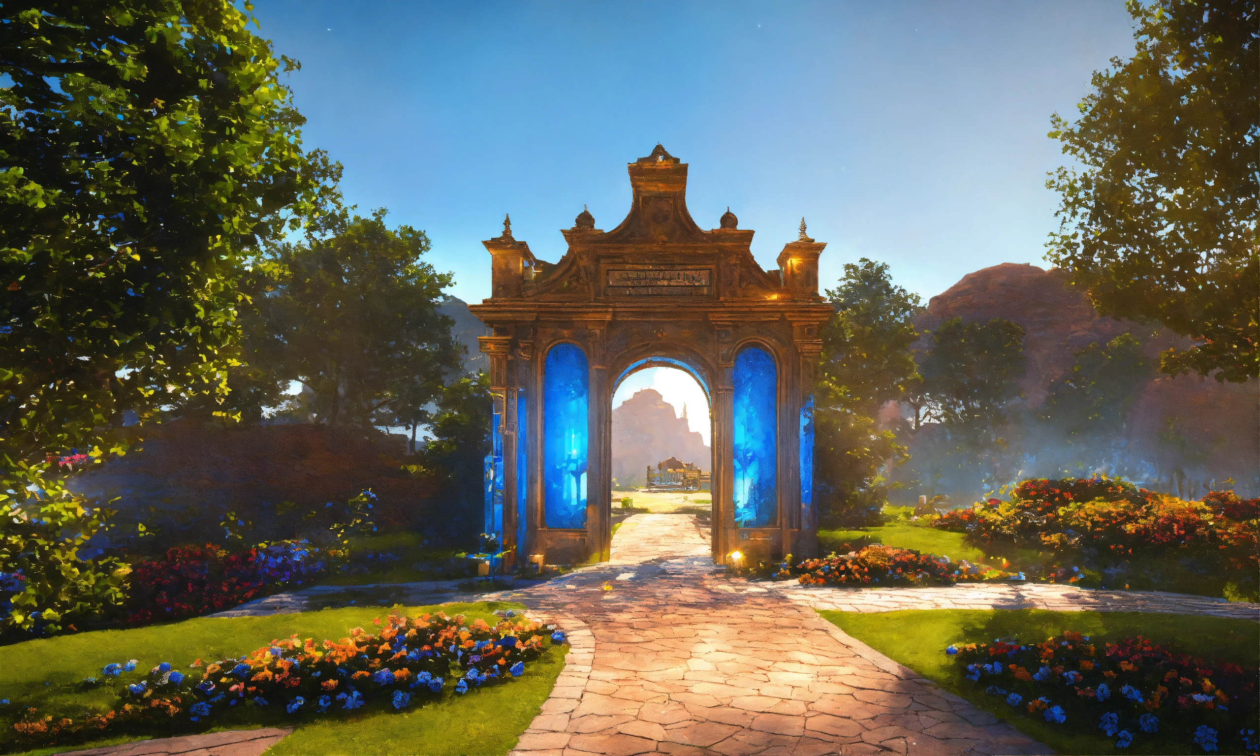 Lexica - Magical gateway with blue and copper exhibits