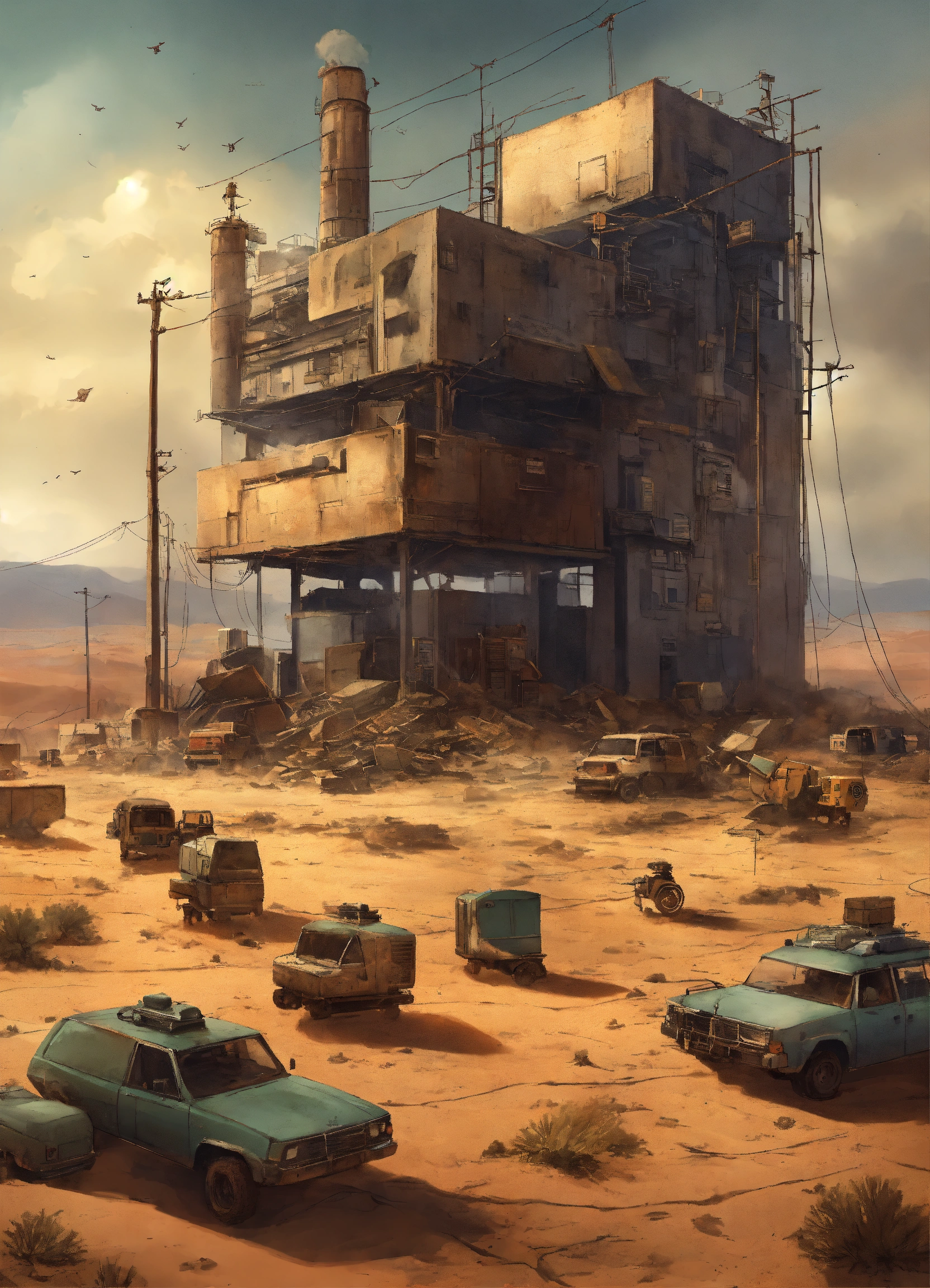 Lexica - Wide illustration of a barren desert landscape. In the middle ...