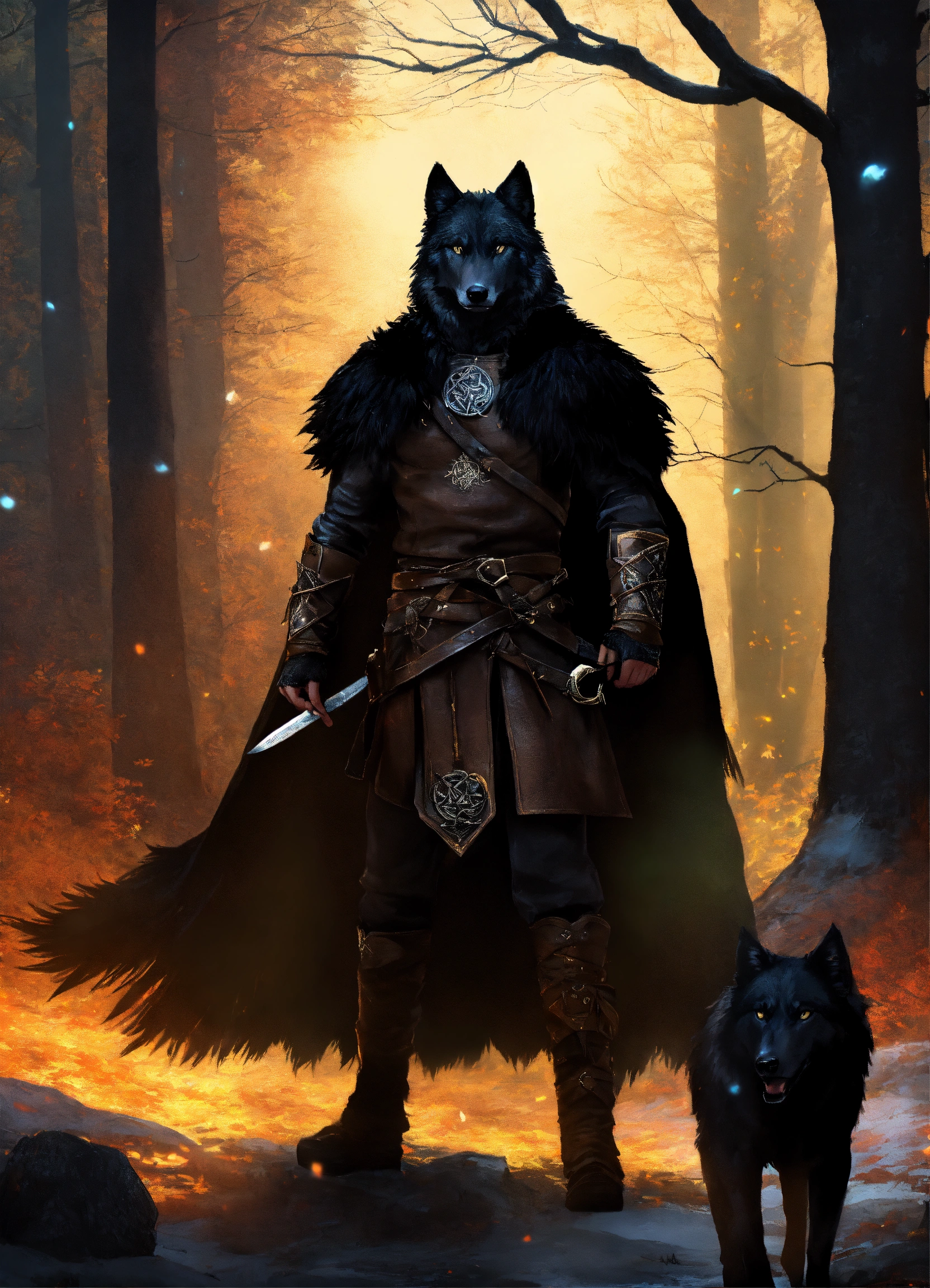Lexica - Text dark, enchanted woods; male celtic warrior, battle-worn leather tunic and black ...