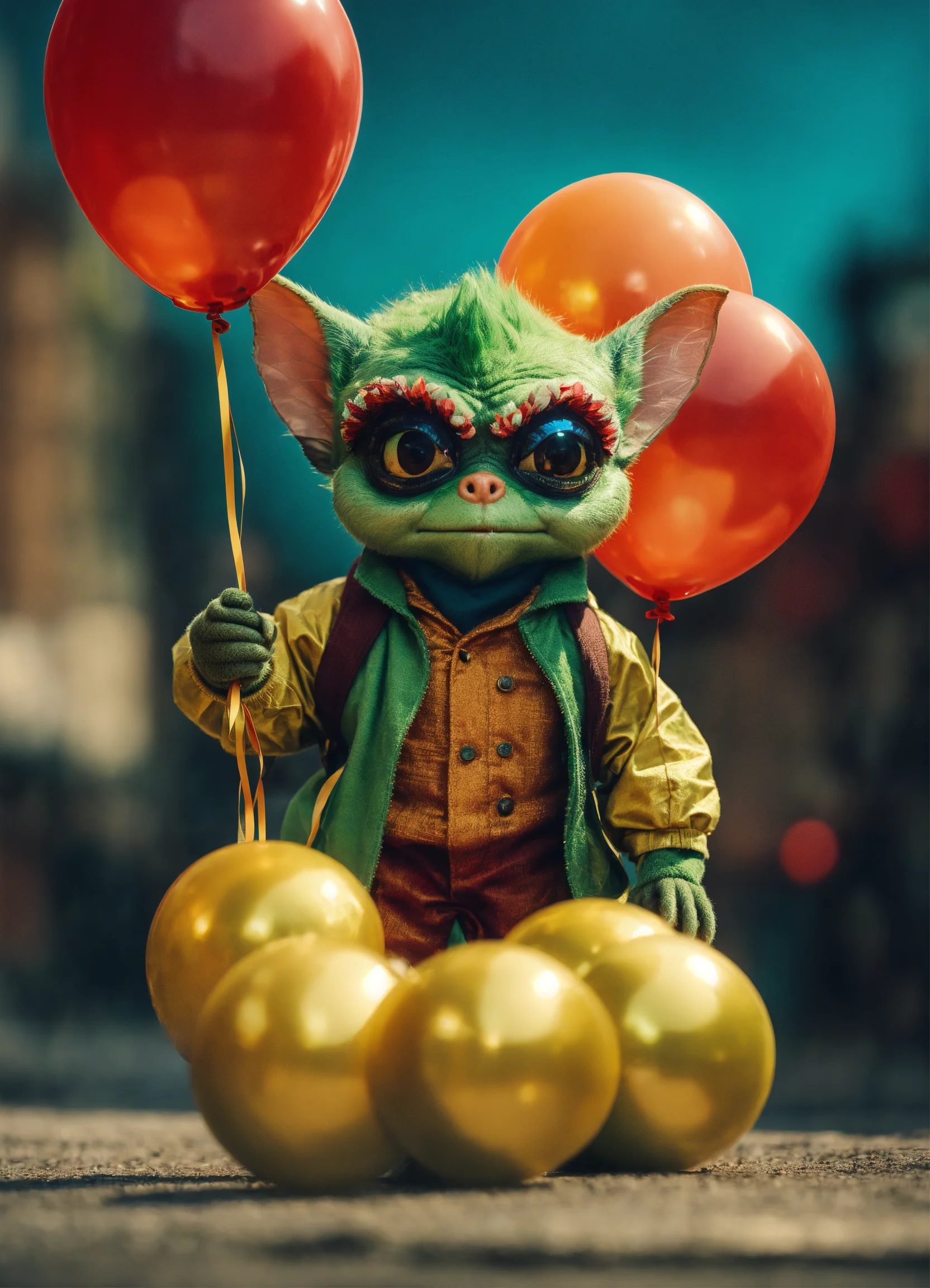 Lexica - Medium close-up, Leica portrait of a gremlin holding balloons ...