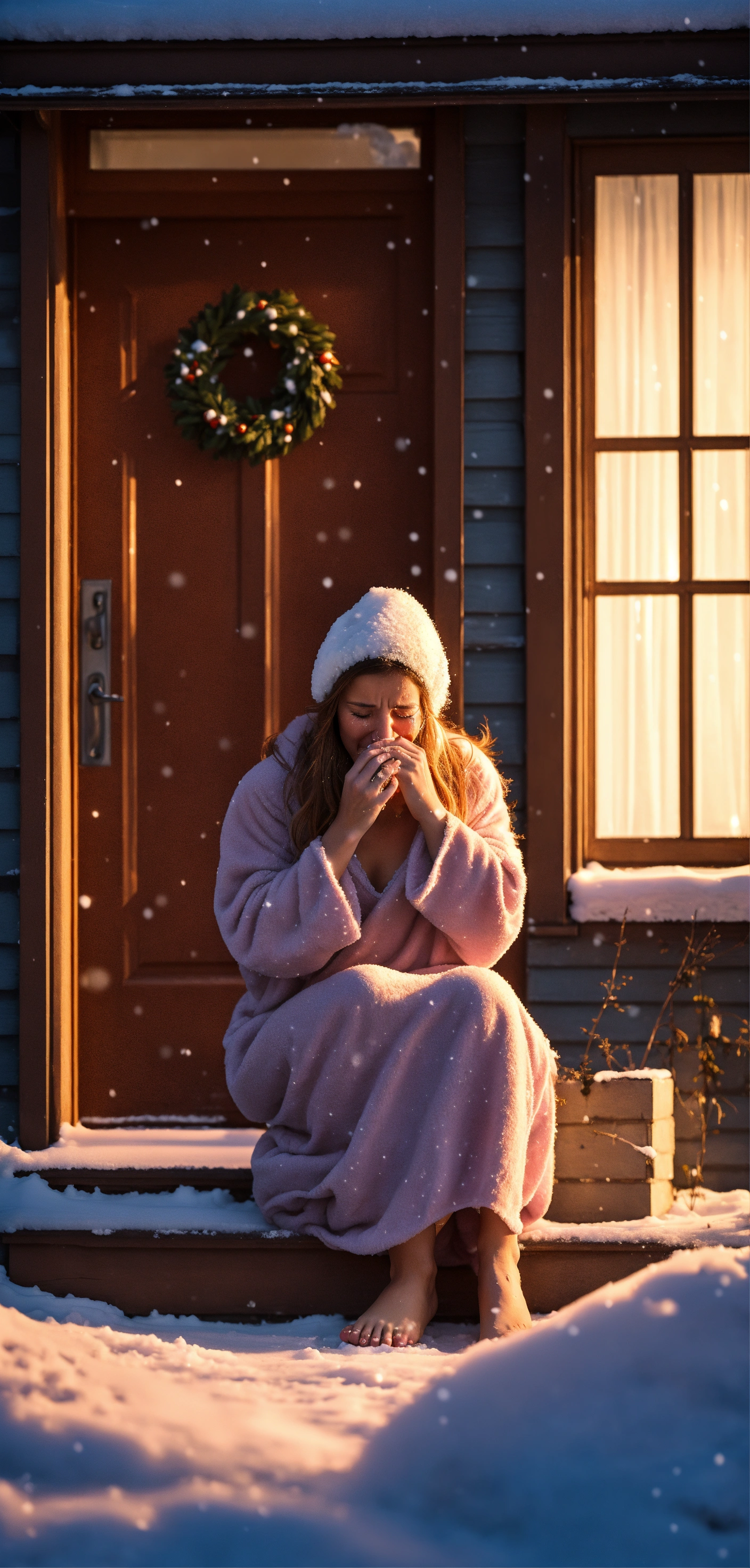 Lexica - A woman is sitting on the doorstep of a house outside in the ...