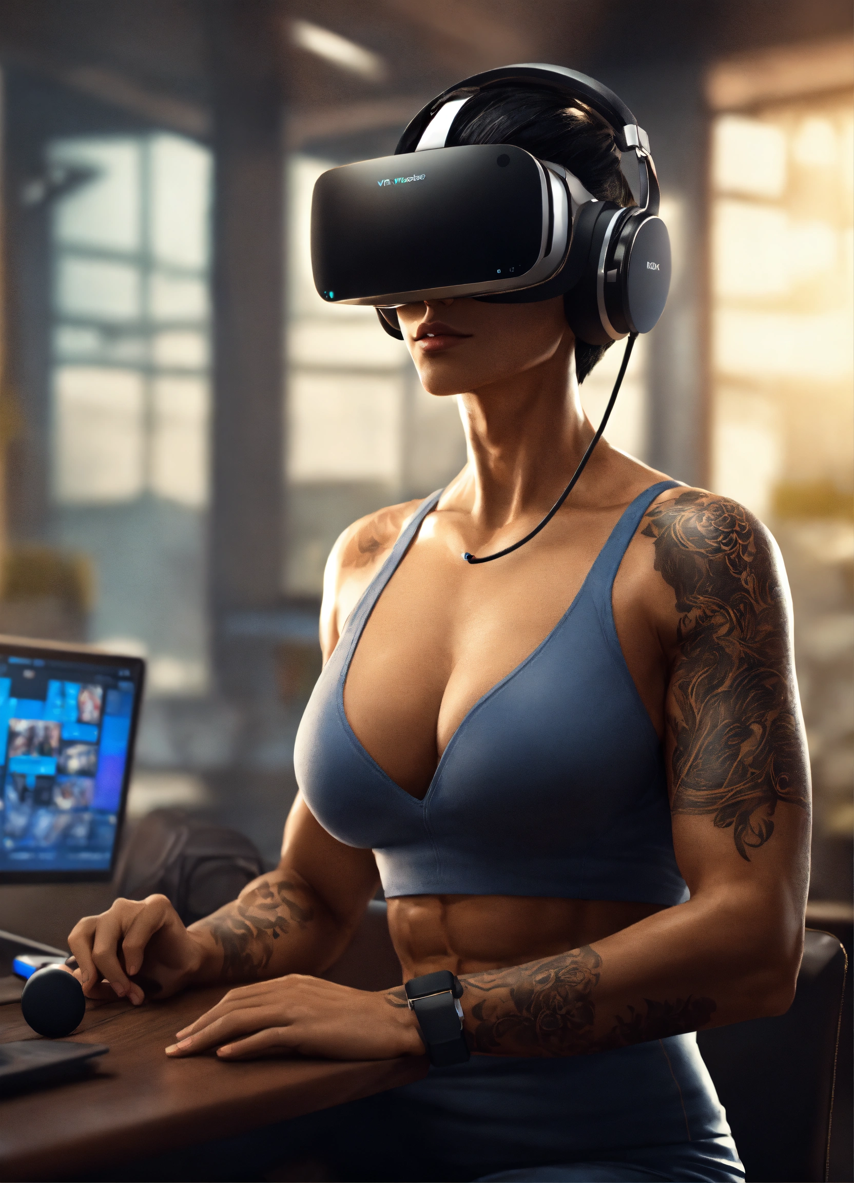 Lexica - Wearing a big VR Headset. A woman with short black hair sitting at a front desk. Oiled ...