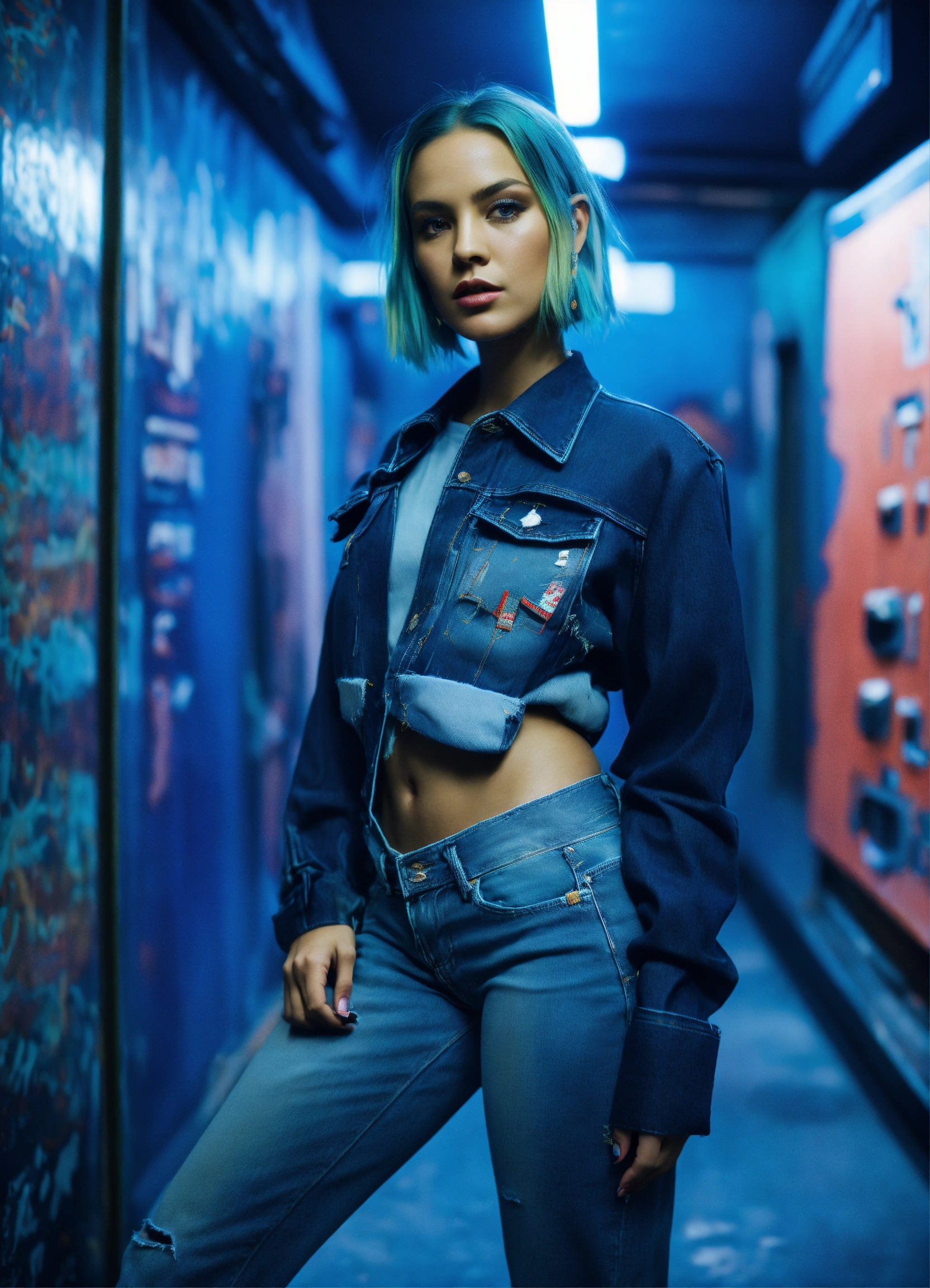Lexica - Y2k fashion fotage, dark, blue, ultra realistic, unreal engine, denim, woman, upciclyng ...