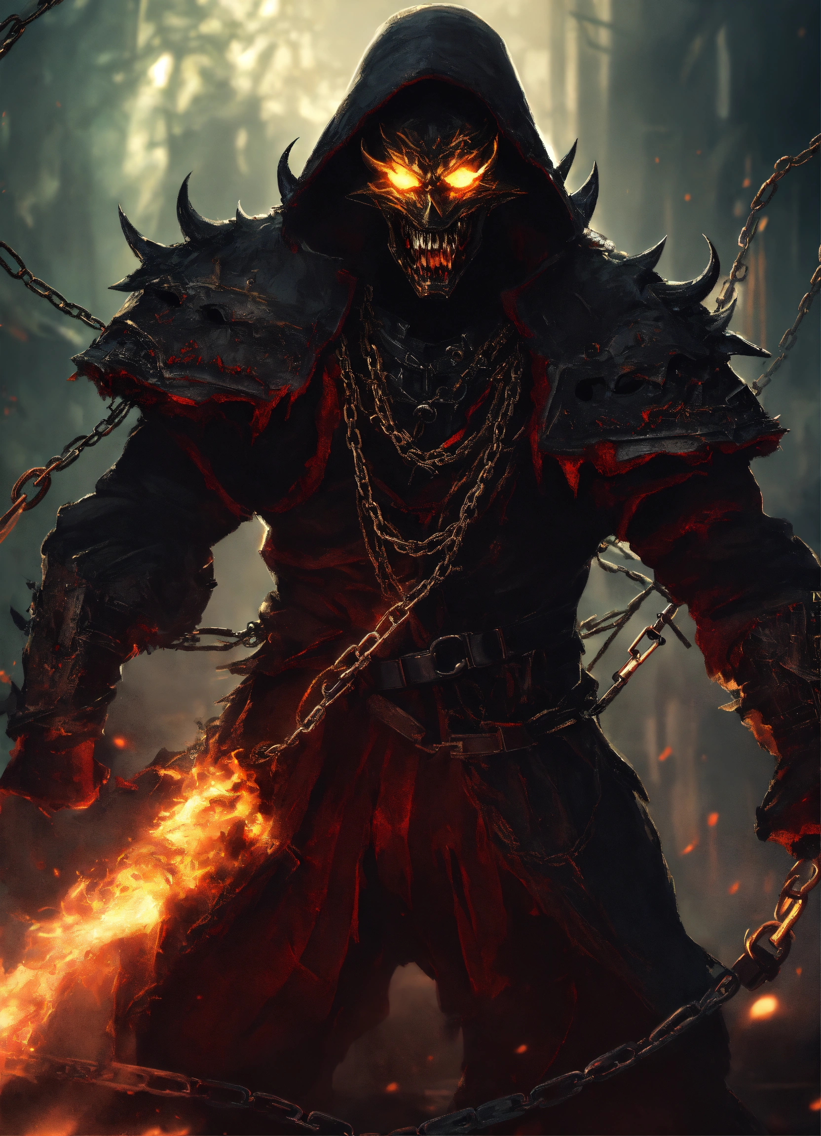 Lexica - A chain demon, wearing an executioner mask, whips out several ...