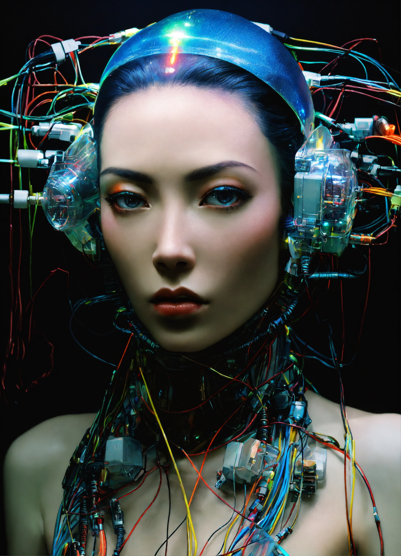 Lexica - Portrait Photography, in front of a black wall, a cyborg woman ...