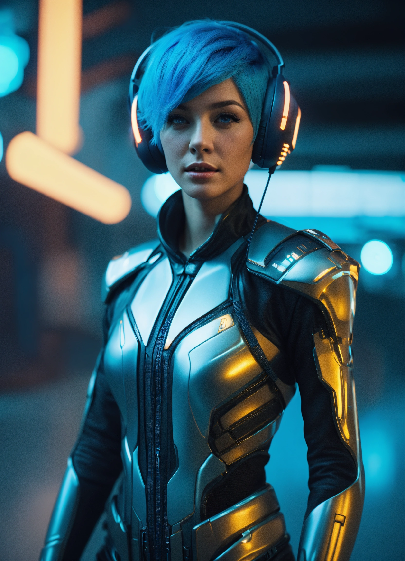 Lexica - Wide shot of a female super spy with blue hair is wearing a ...