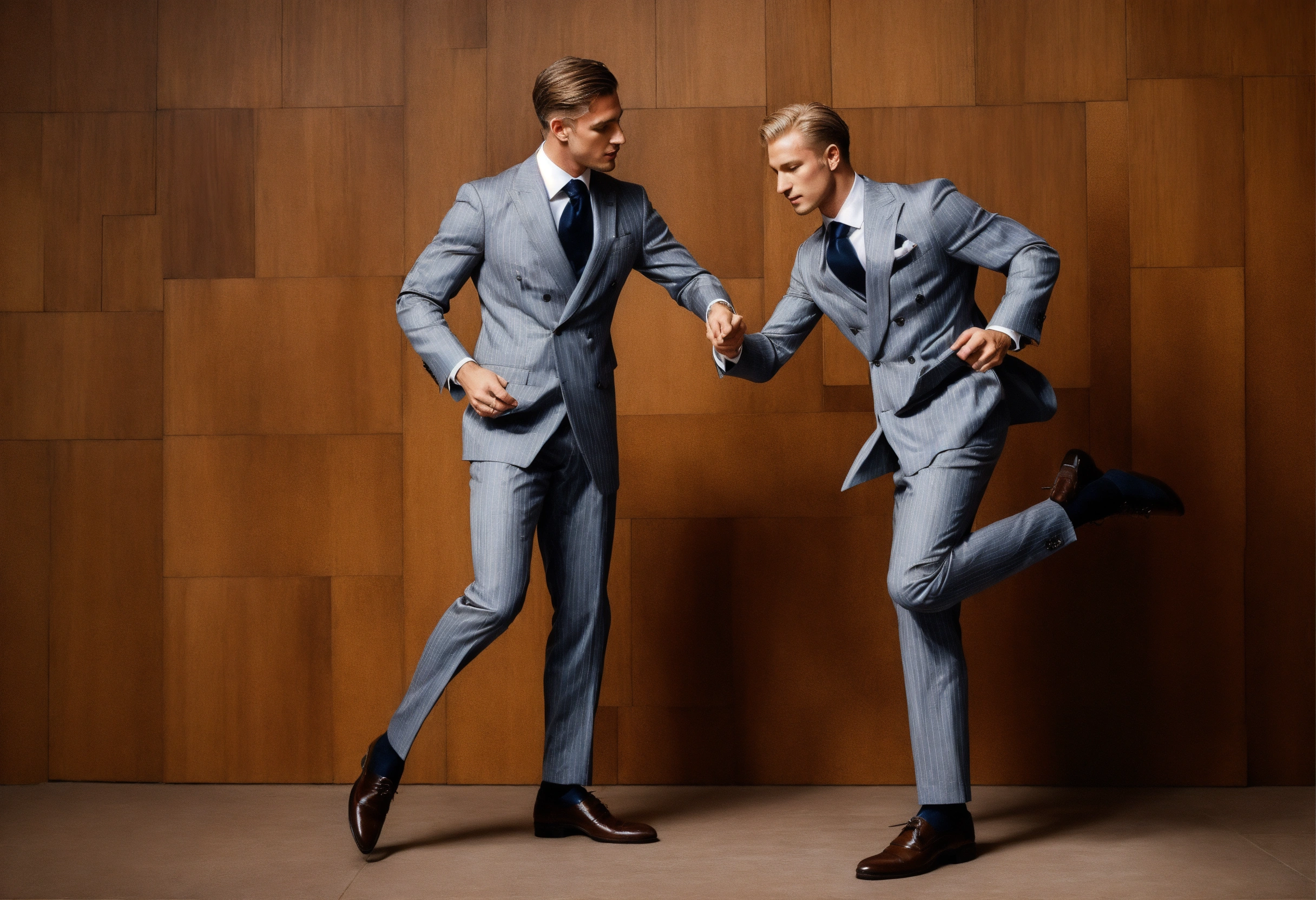 Lexica - Two young blonde male lawyers in light grey satin pinstripe ...