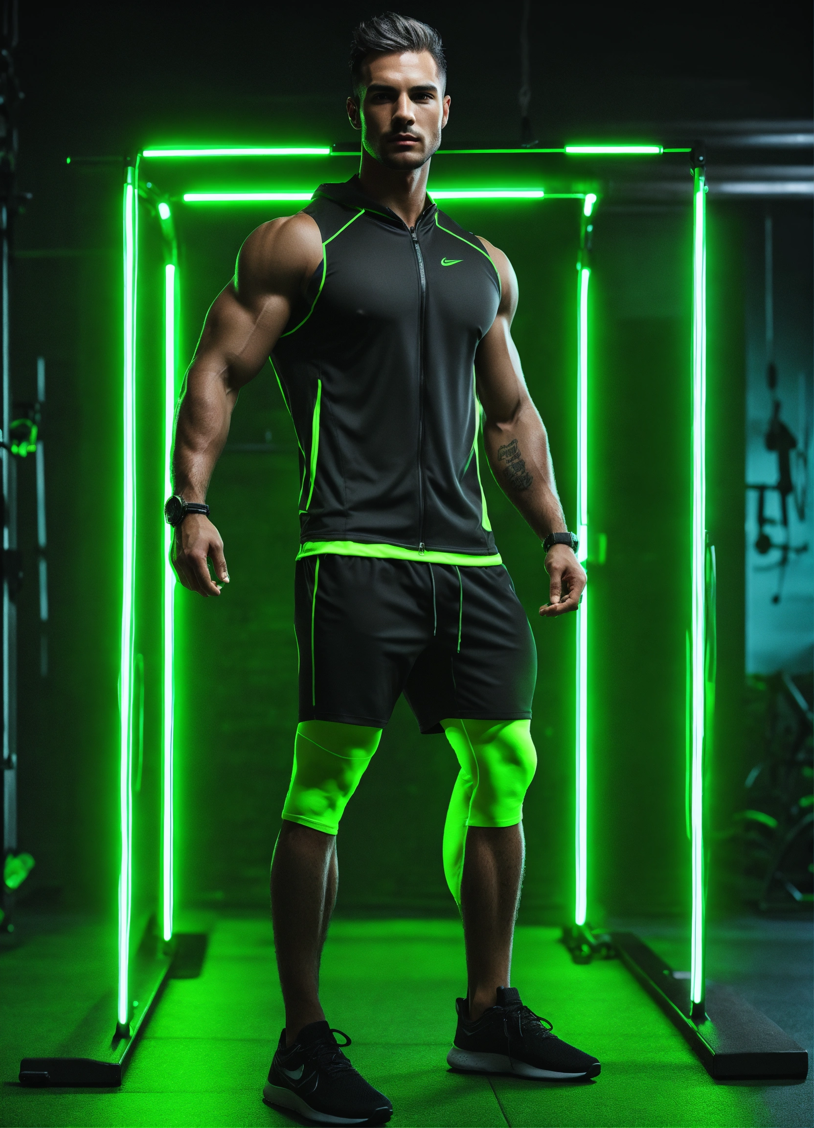 Lexica - A fit man, black color fitness wear, front view, hyper ...
