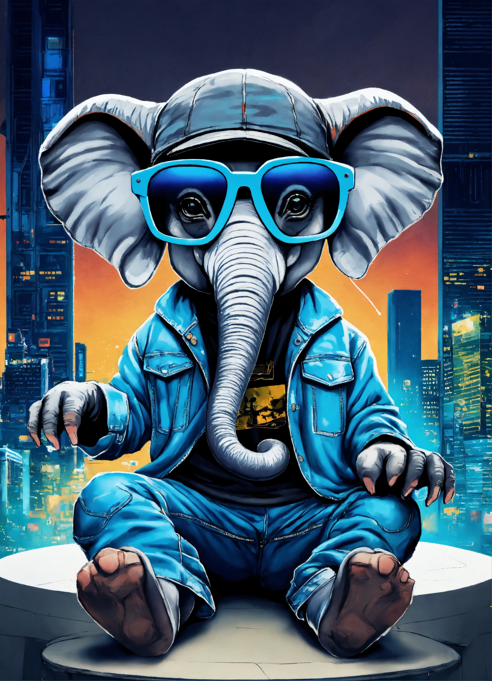 Lexica - Cute baby elephant cyberpunk hacker playing drums with blue ...