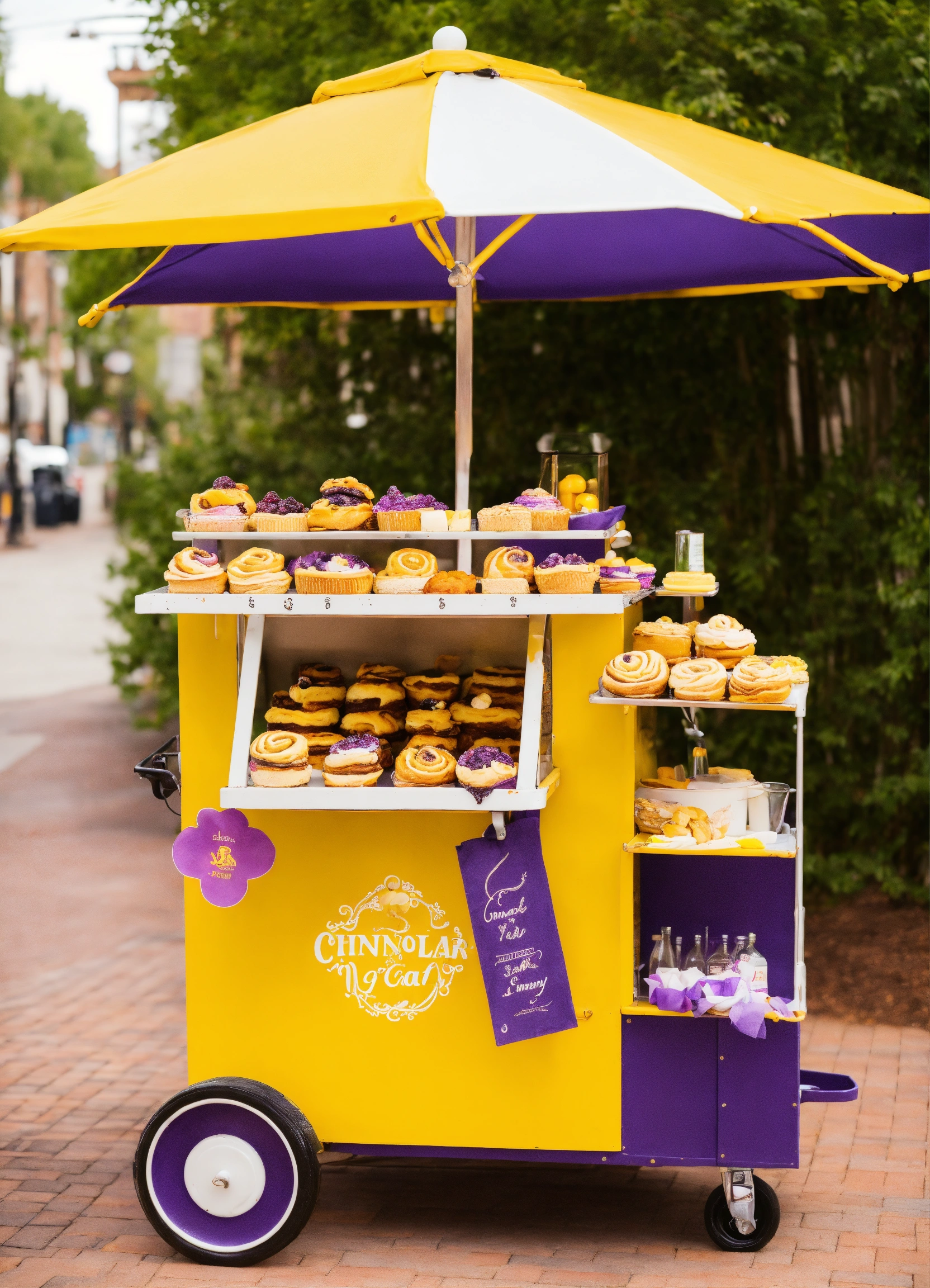 Lexica - Eye catching yellow and purple cinnamon roll cart with photo ...