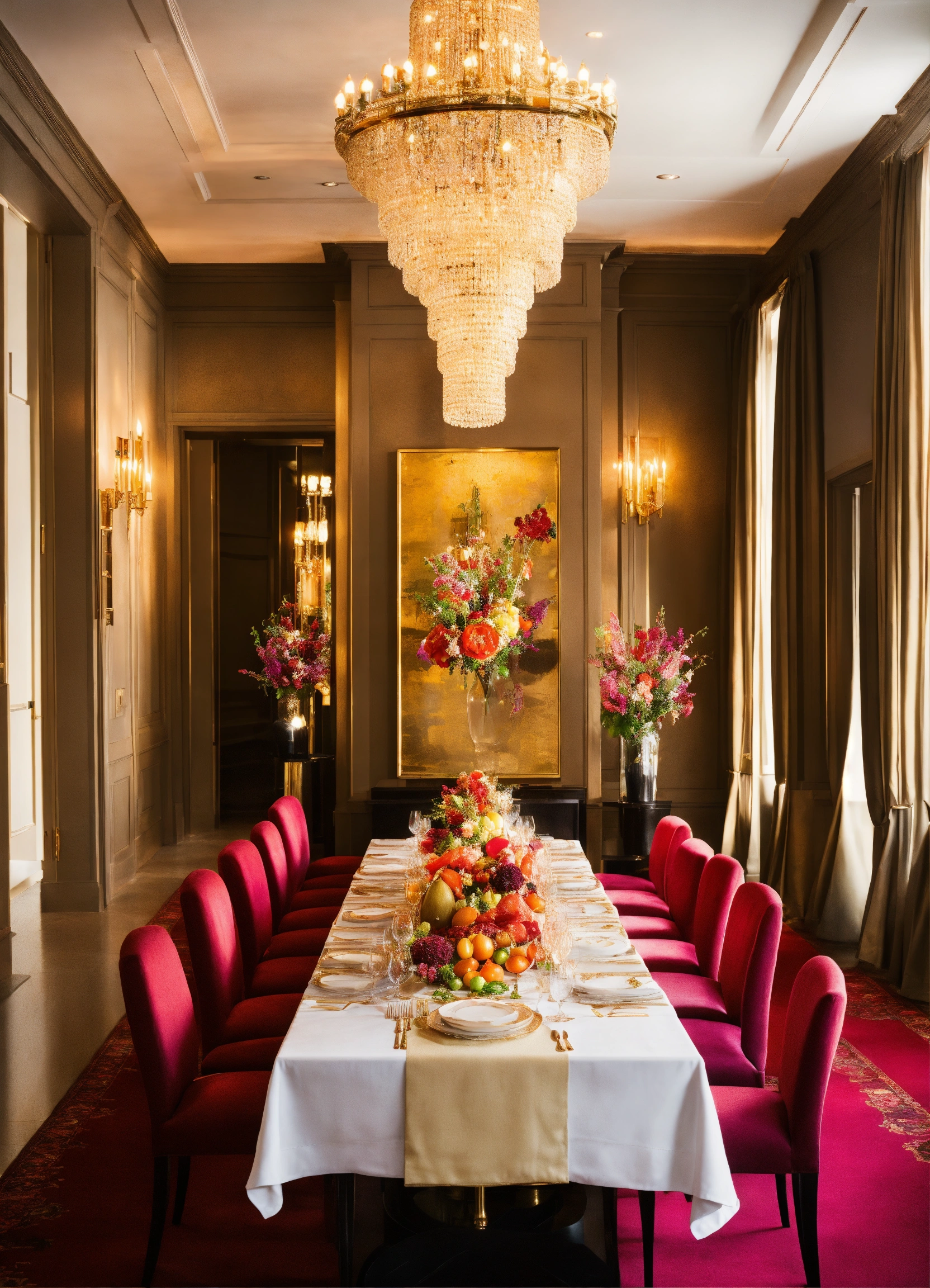 Lexica - Modern upscale hotel, private dining hall, long table, gold ...