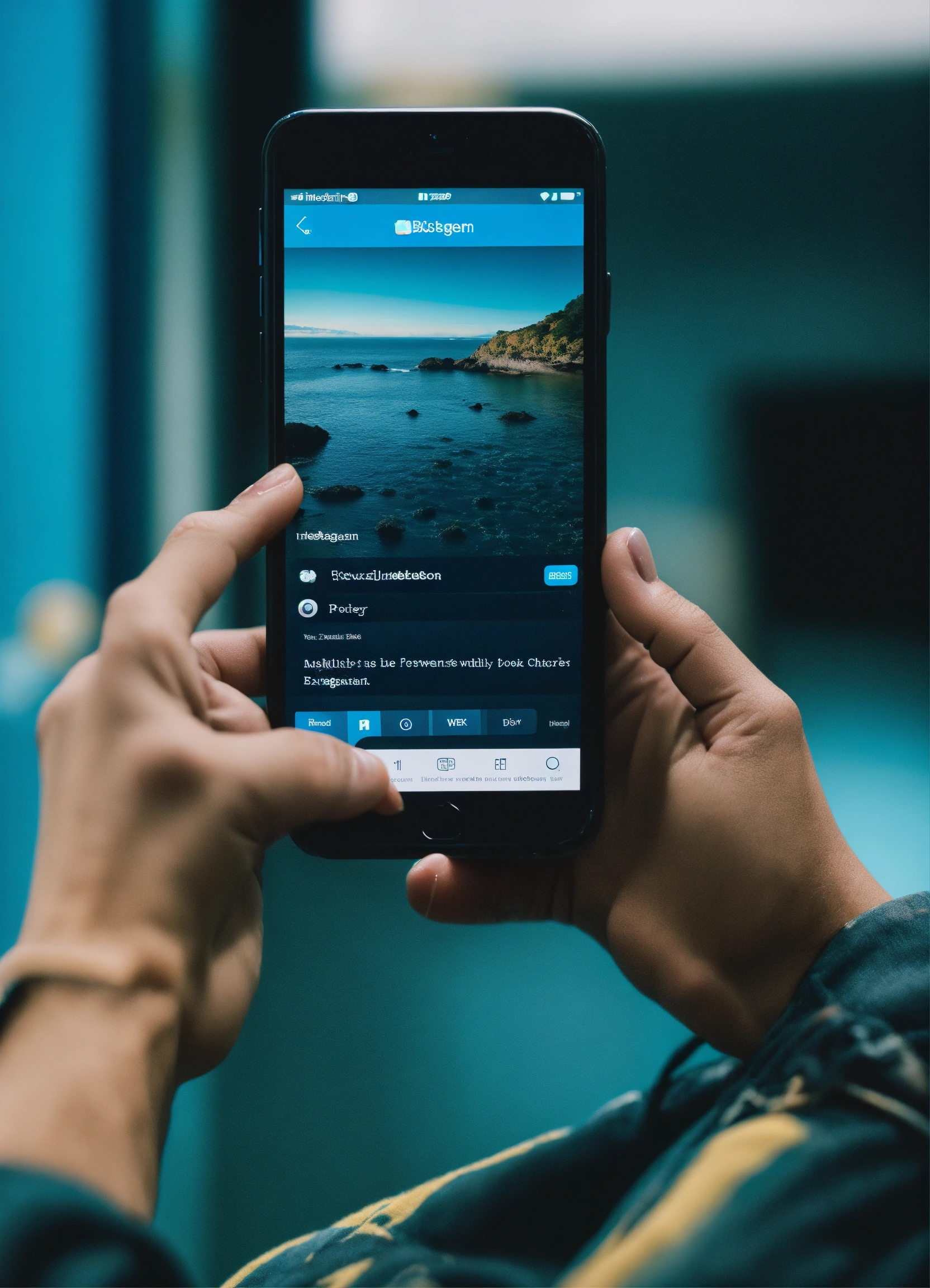 Lexica - Instagram, phone in hand, blue, black ux/ui