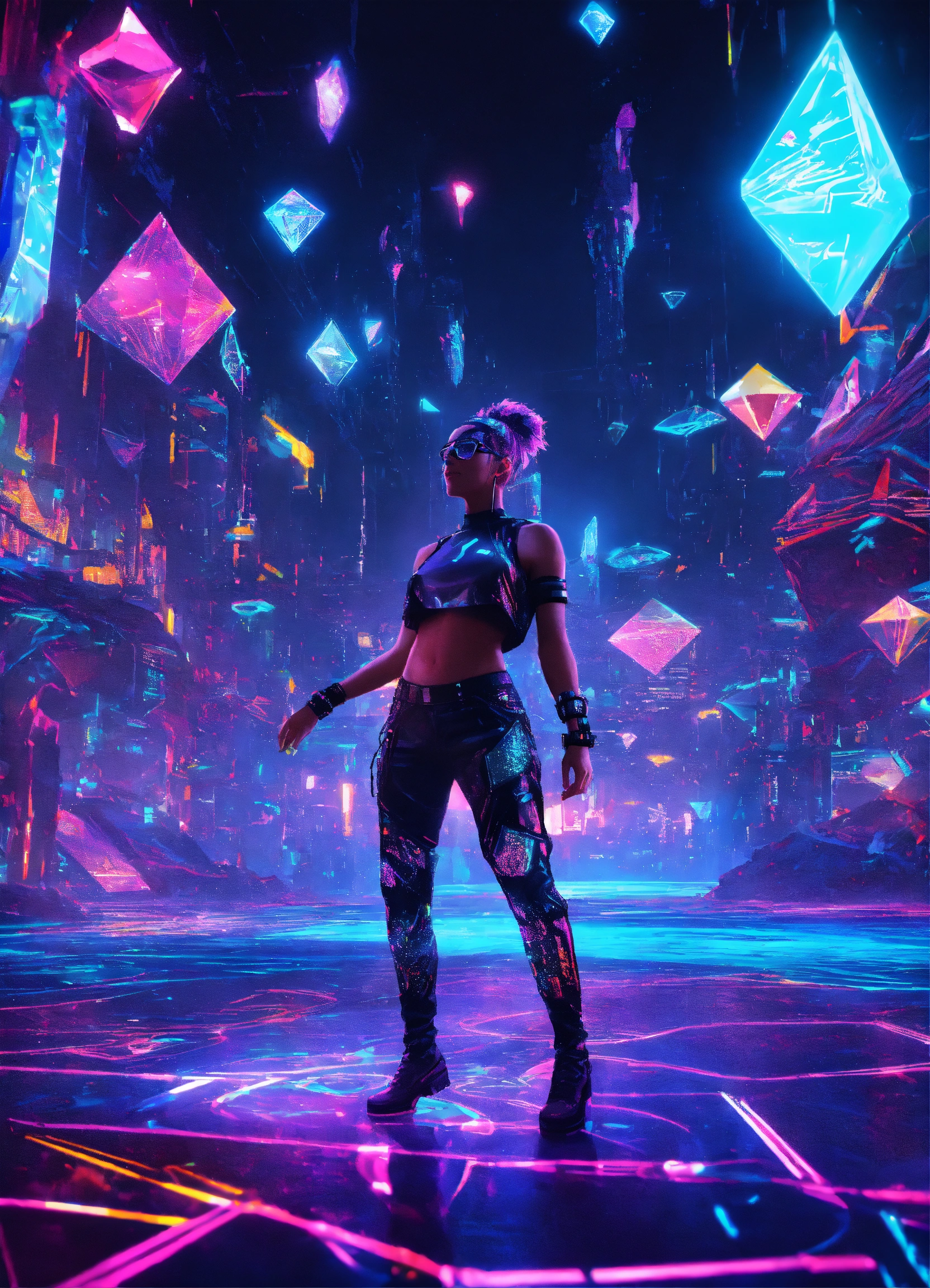 Lexica - Cyberpunk Raver dancing in diamond and shimmer black neon ...