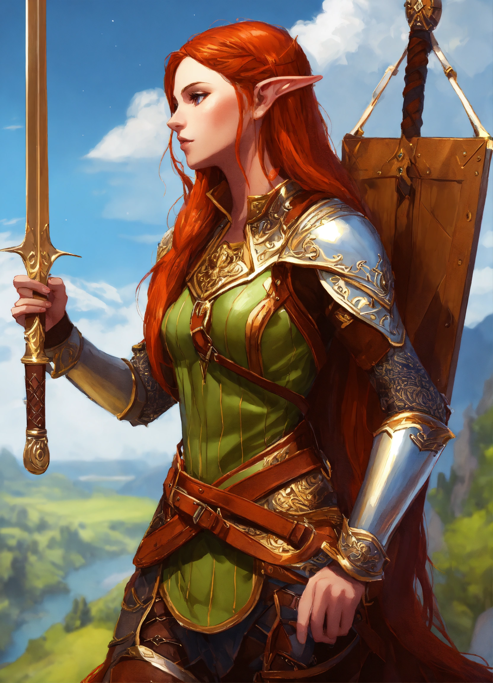 Lexica - Beautiful bard female elf, long red hair, royal, leather armor ...
