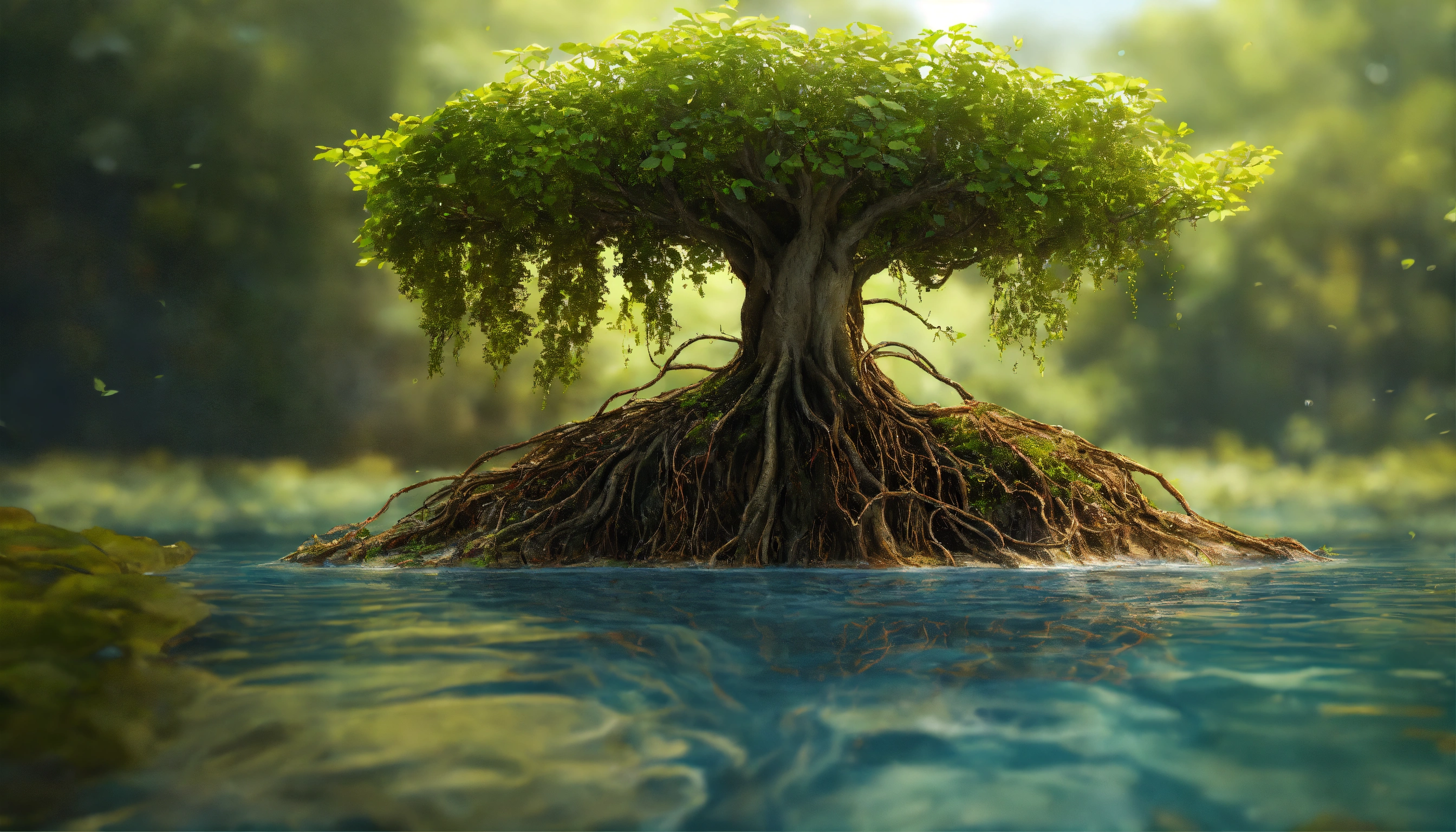 Lexica - Indepth Detailed, minute details, tree roots growing in water. In the style of soft ...