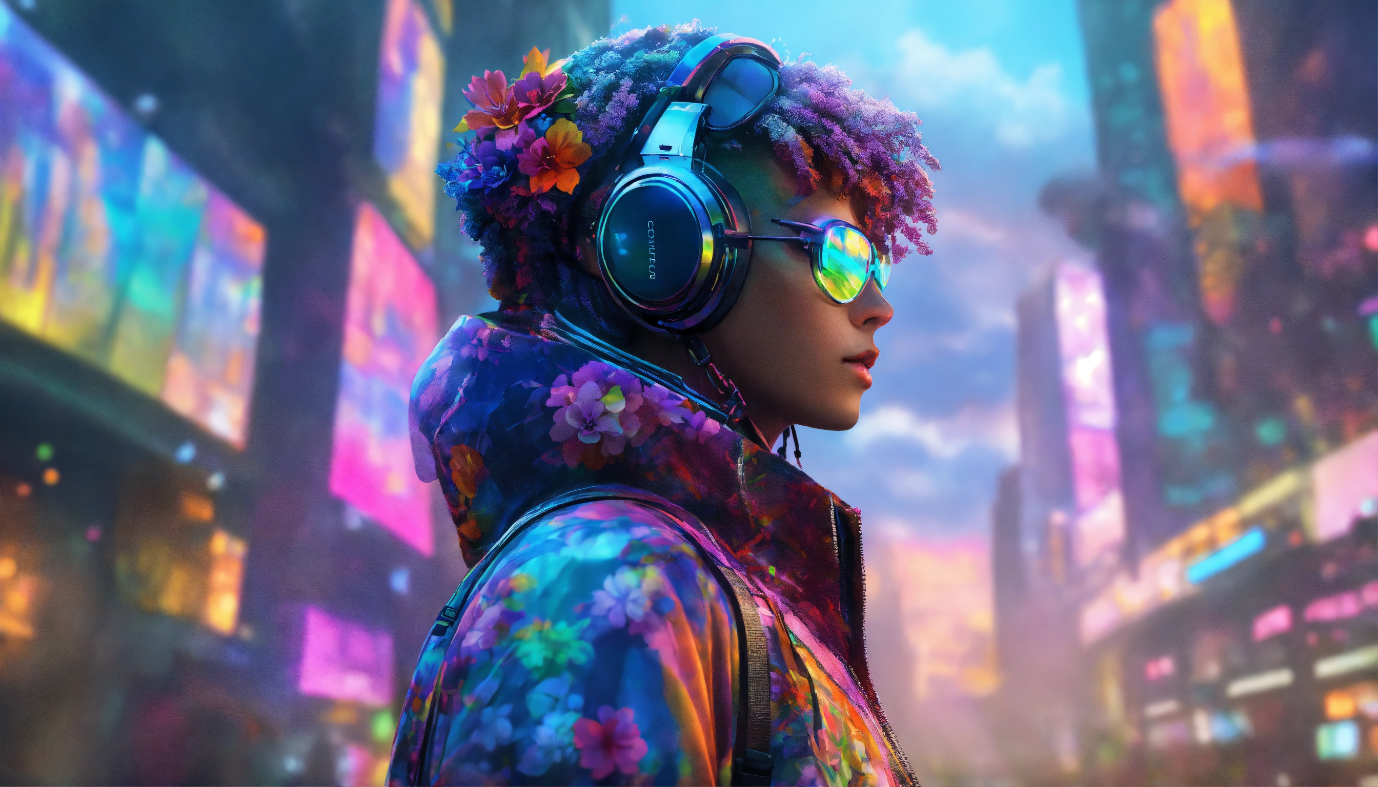 Lexica - Rainbow cyberpunk of a person in urban floral wear in a ...