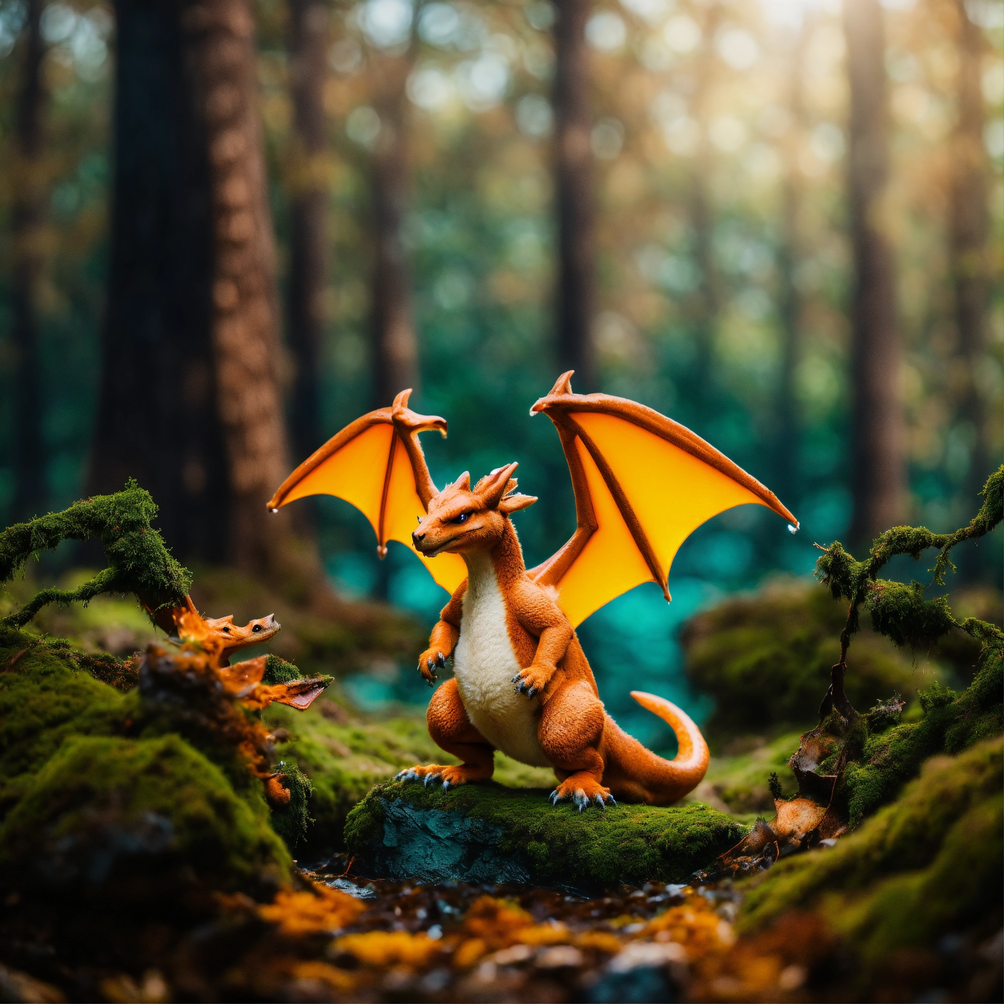 Lexica - A realistic charizard animal among the trees, forest lake ...