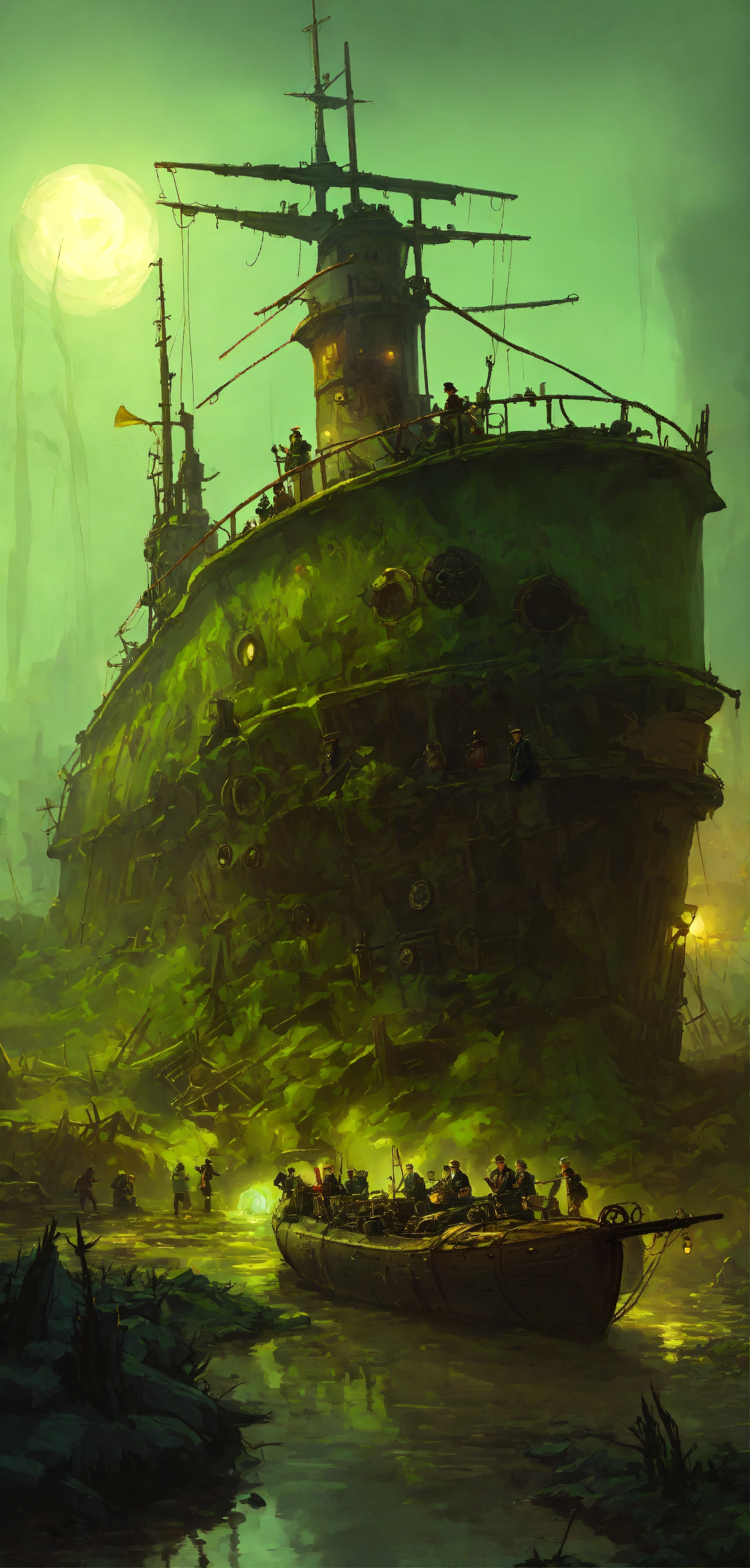 Lexica - Beached steampunk submarine shipwreck in swamp, digital ...