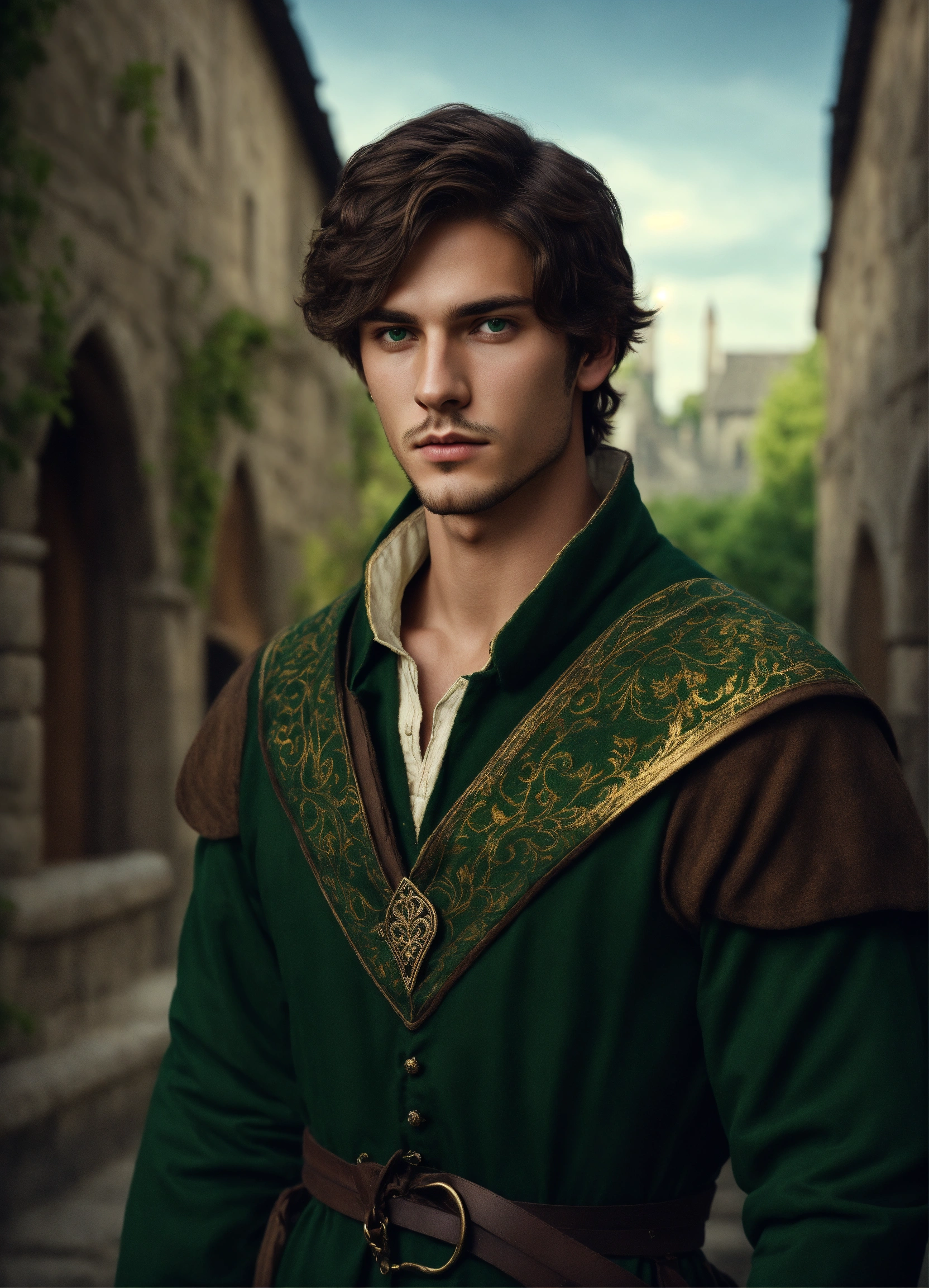 Lexica - Beautiful young man, short brown hair, green eyes, medieval ...