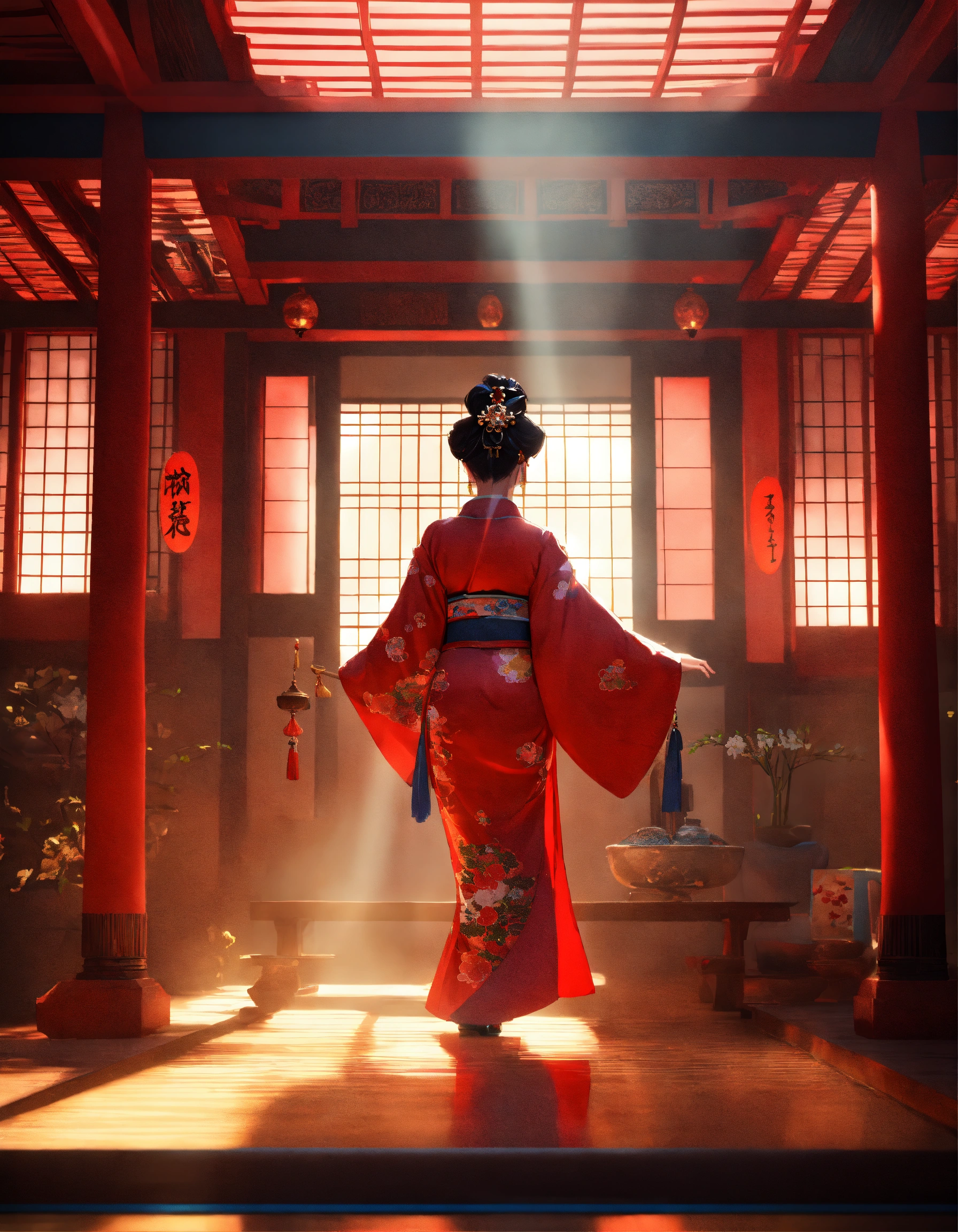 Lexica - Eccentric environment with god rays, geisha dancer, 8K ...