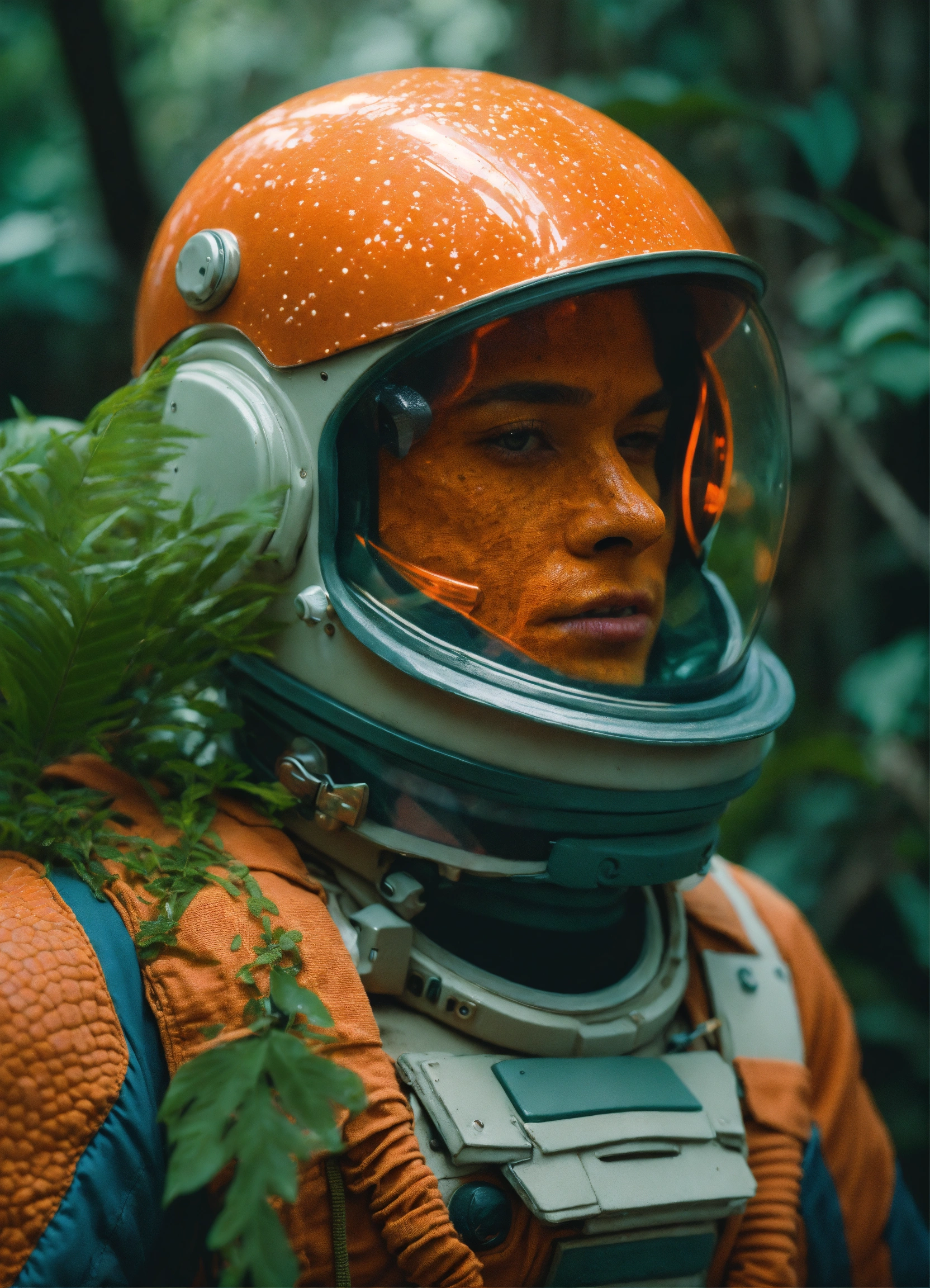 Lexica - Waist-up, muted photo portrait titled "lizard spaceman in a ...