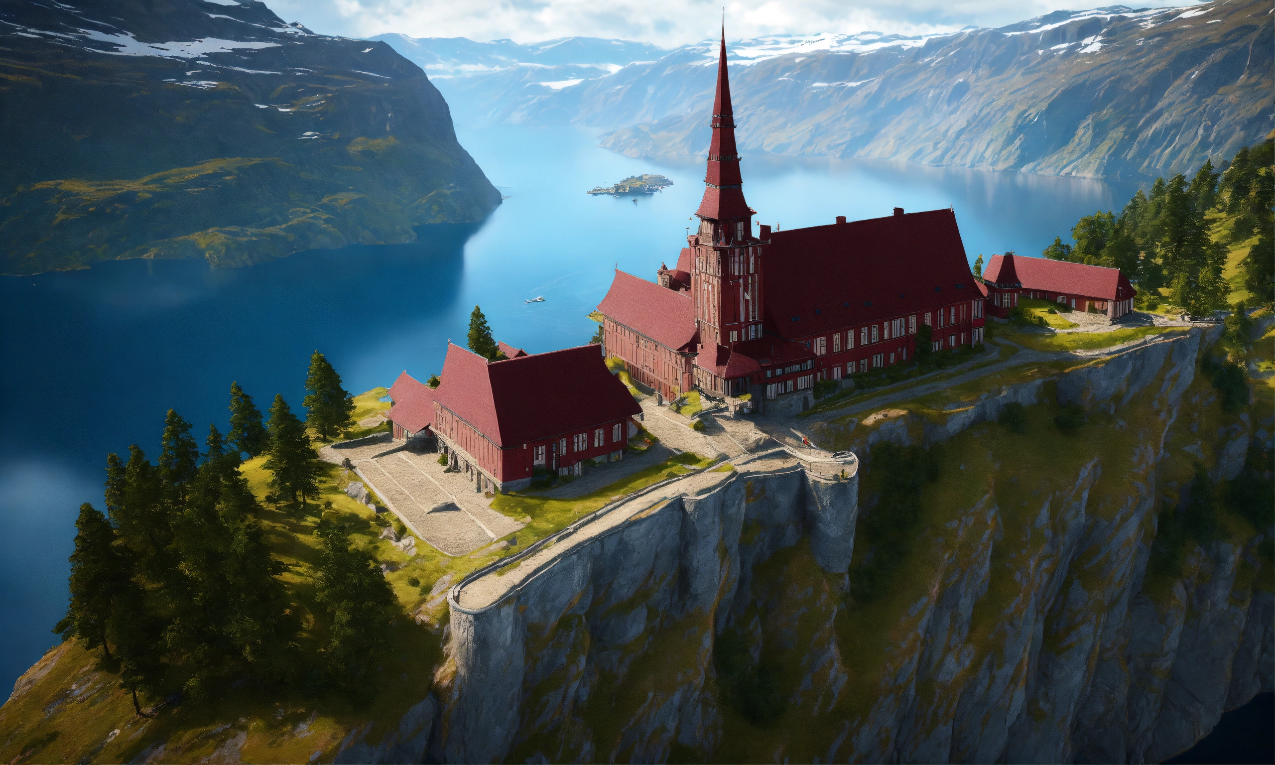 Lexica - Full image of a massive royal palace with a maroon roof on a cliff overlooking a Fjord ...