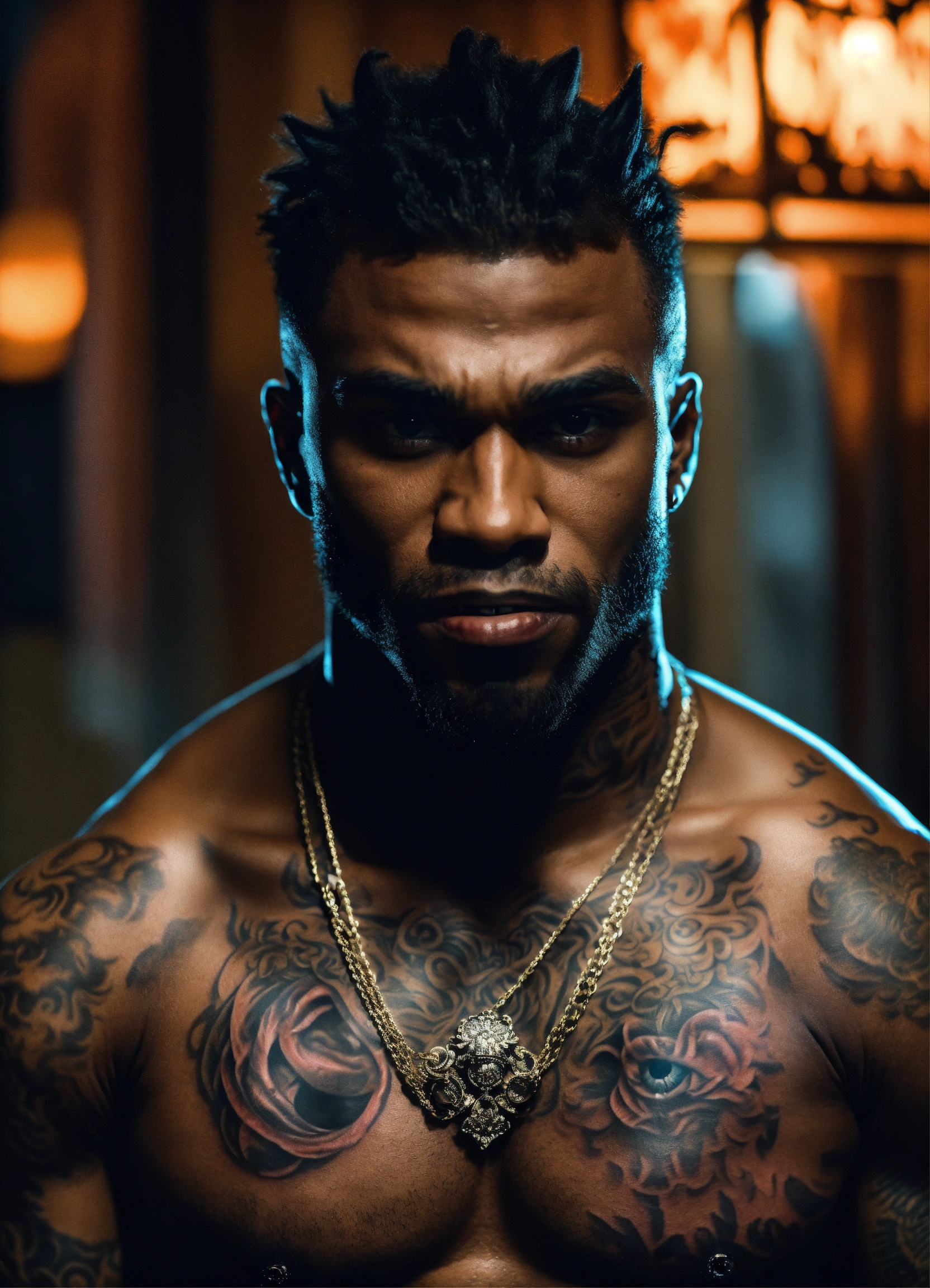 Lexica - Very Handsome, Black man, werewolf eyes, fangs, tattoos on ...