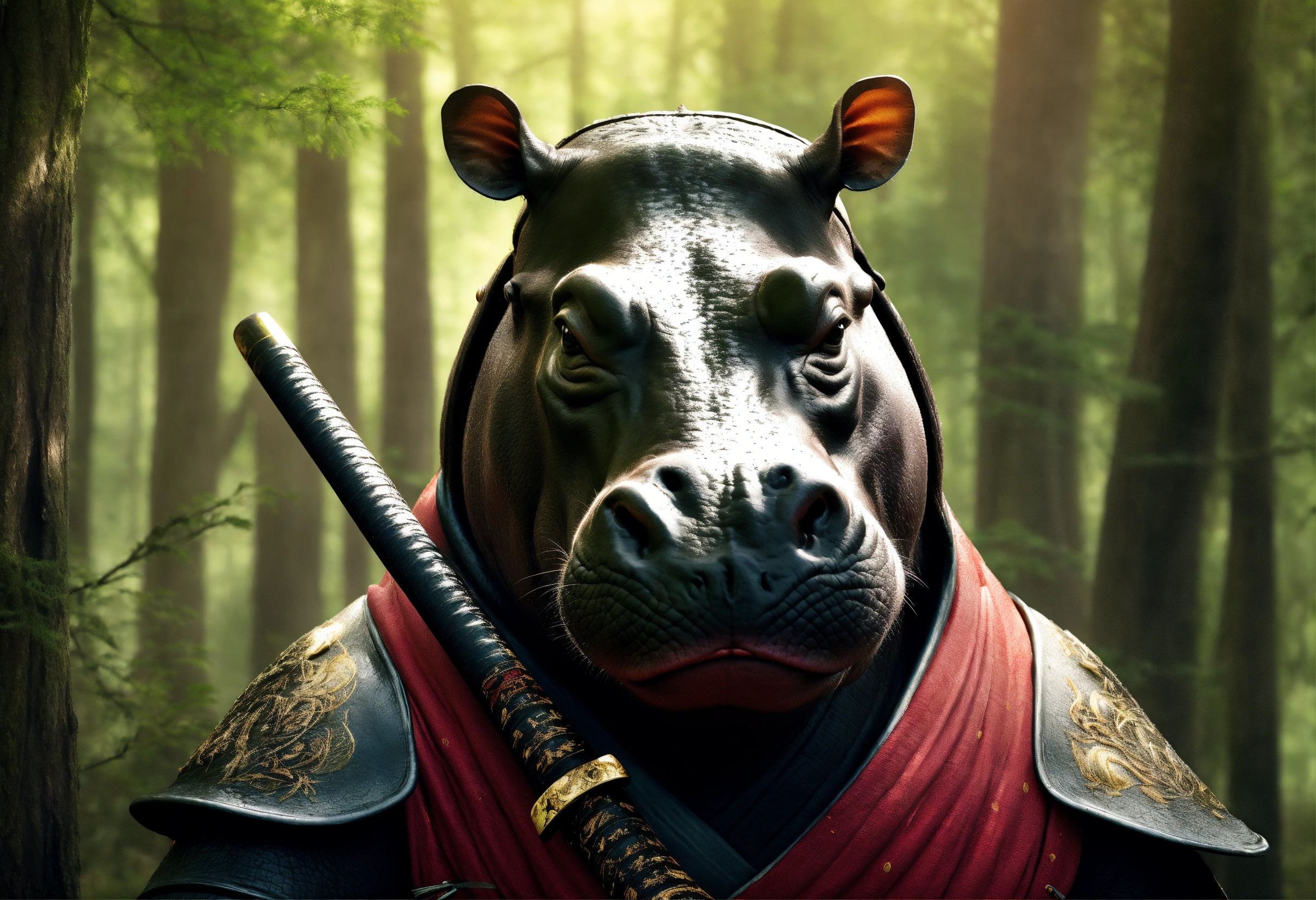 Lexica - Hippo samurai. Forest. Hyper realistic.