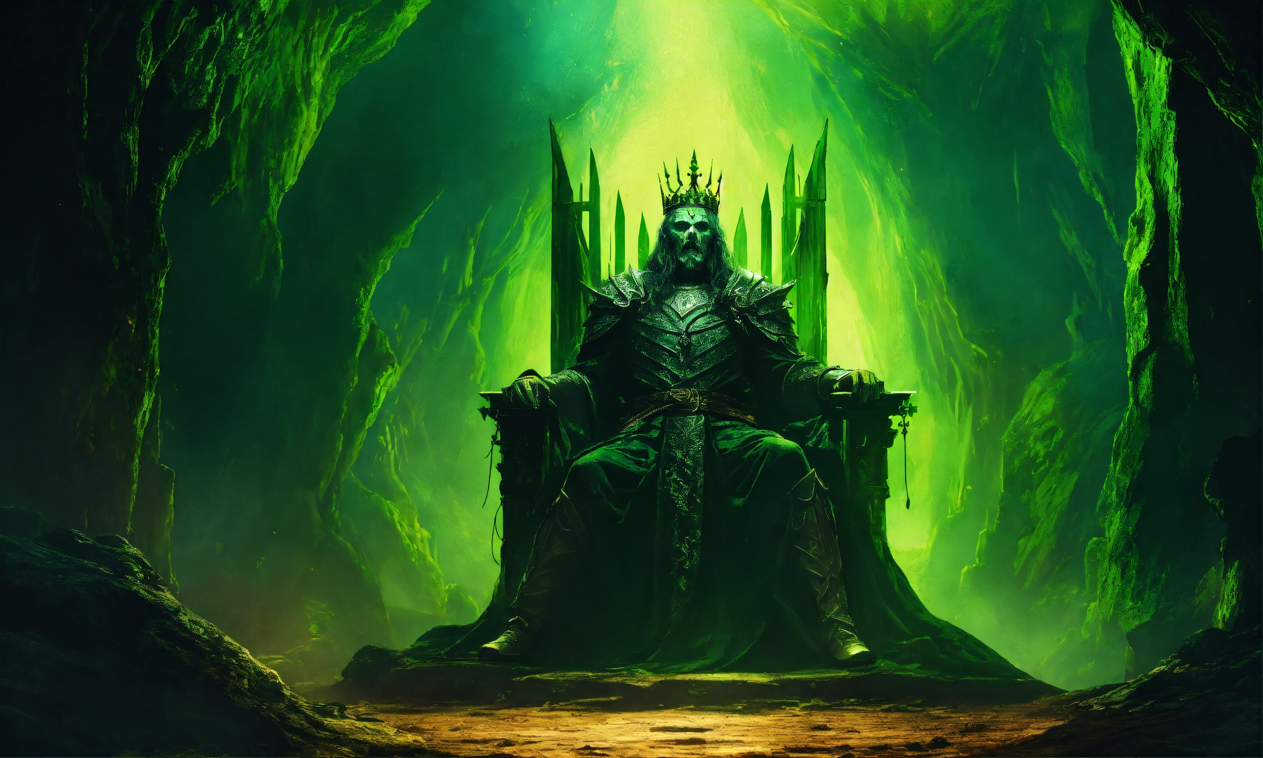Lexica - Undead king sitting on a throne, big cavern, dramatic green ...