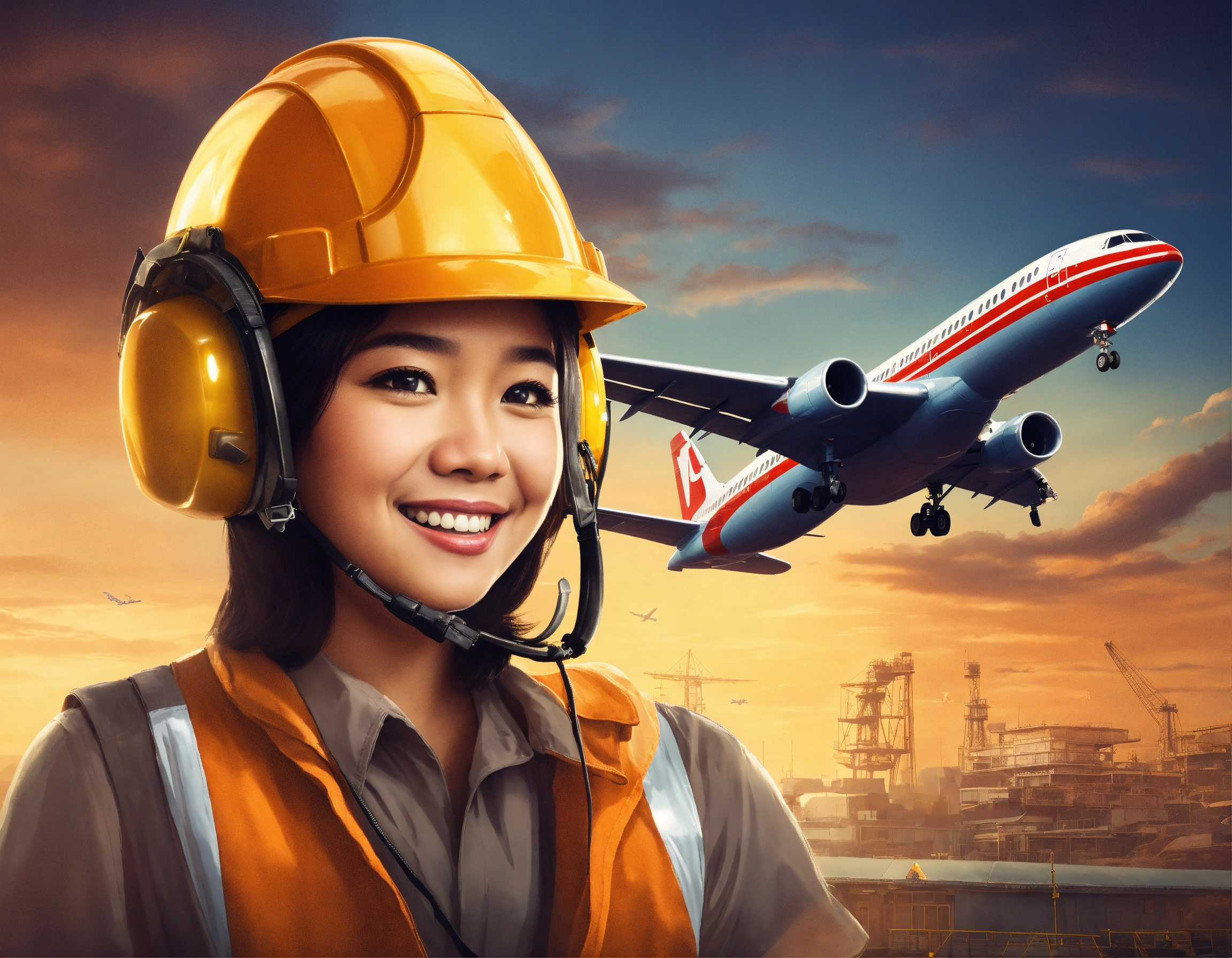 Lexica - Aircraft engineering using vest, safety helmet, smiling, Indonesian face, aircraft ...