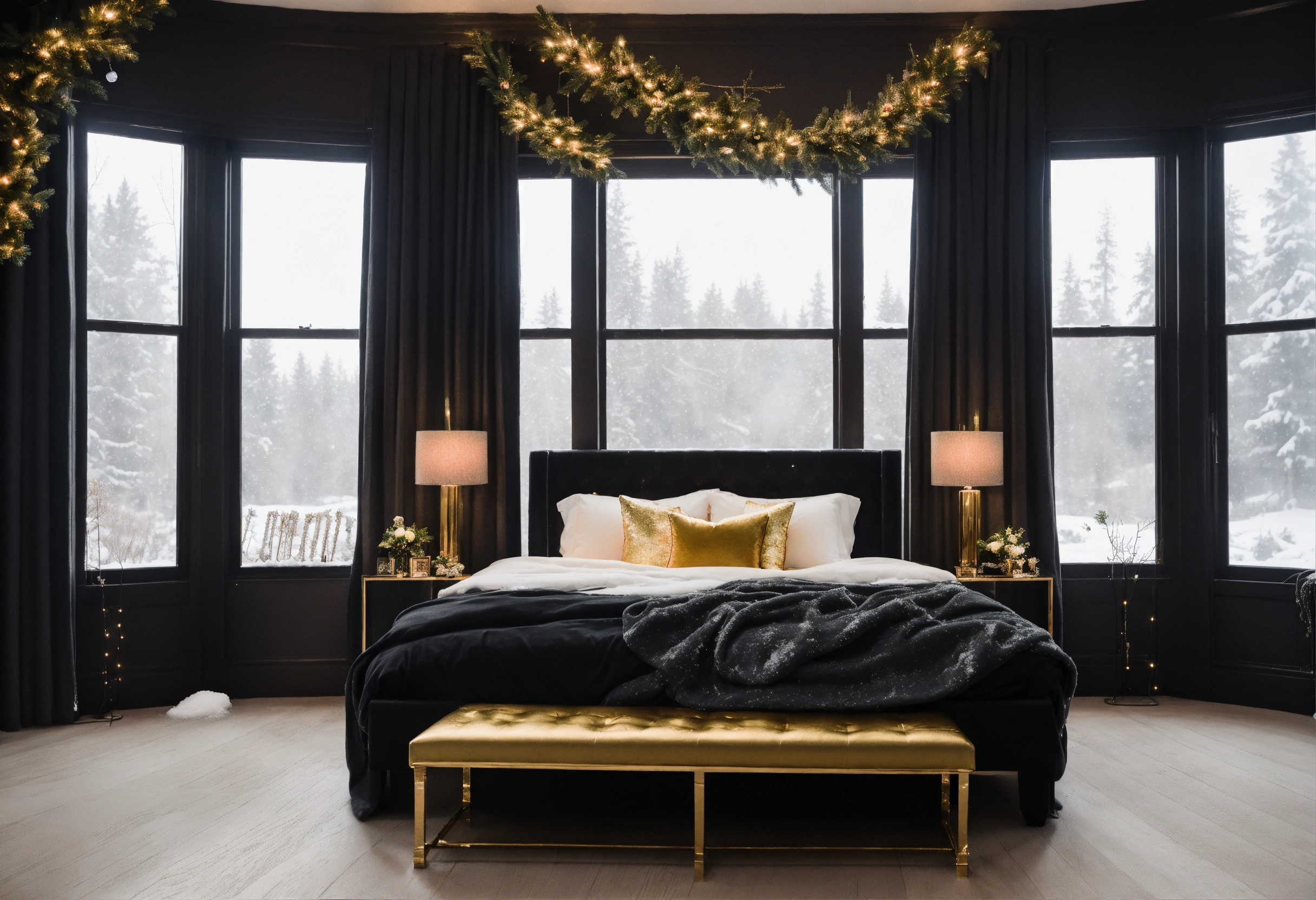 Lexica - Beautiful Christmas black and gold wedding bedroom facing ...