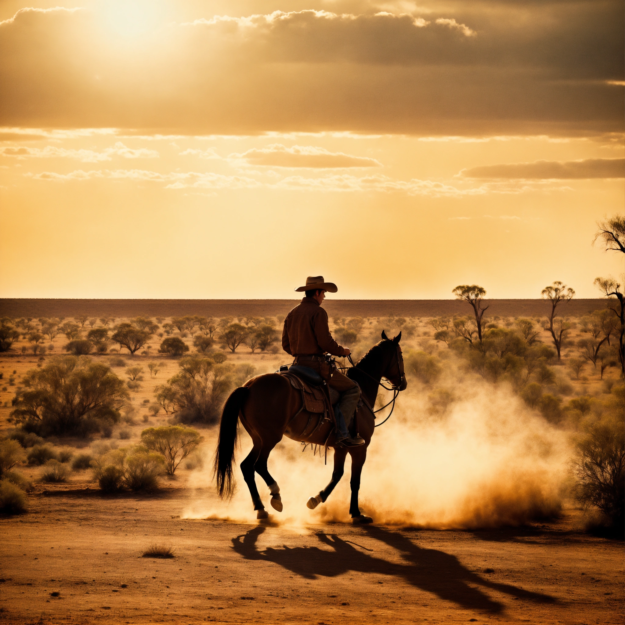 Lexica - A photograph of a cowboy on a horse riding into the outback ...
