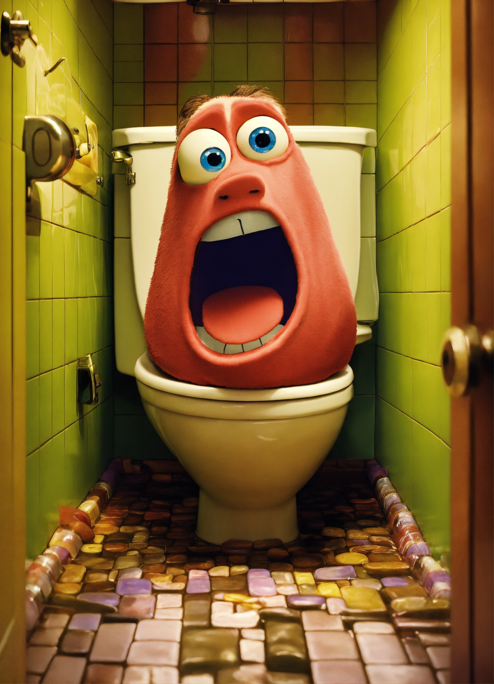 Lexica - A pixar movie cover of a mans head in a toilet