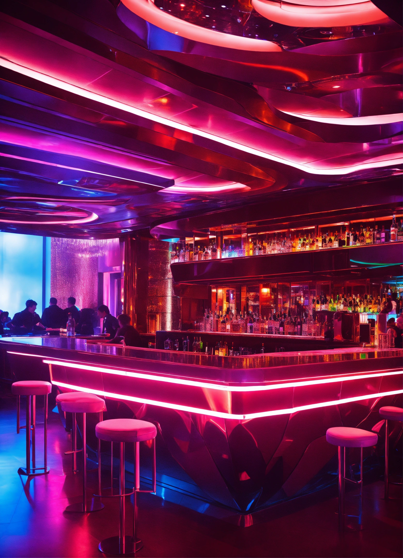 Lexica - Sleek large futuristic bar. people dressed in futuristic ...