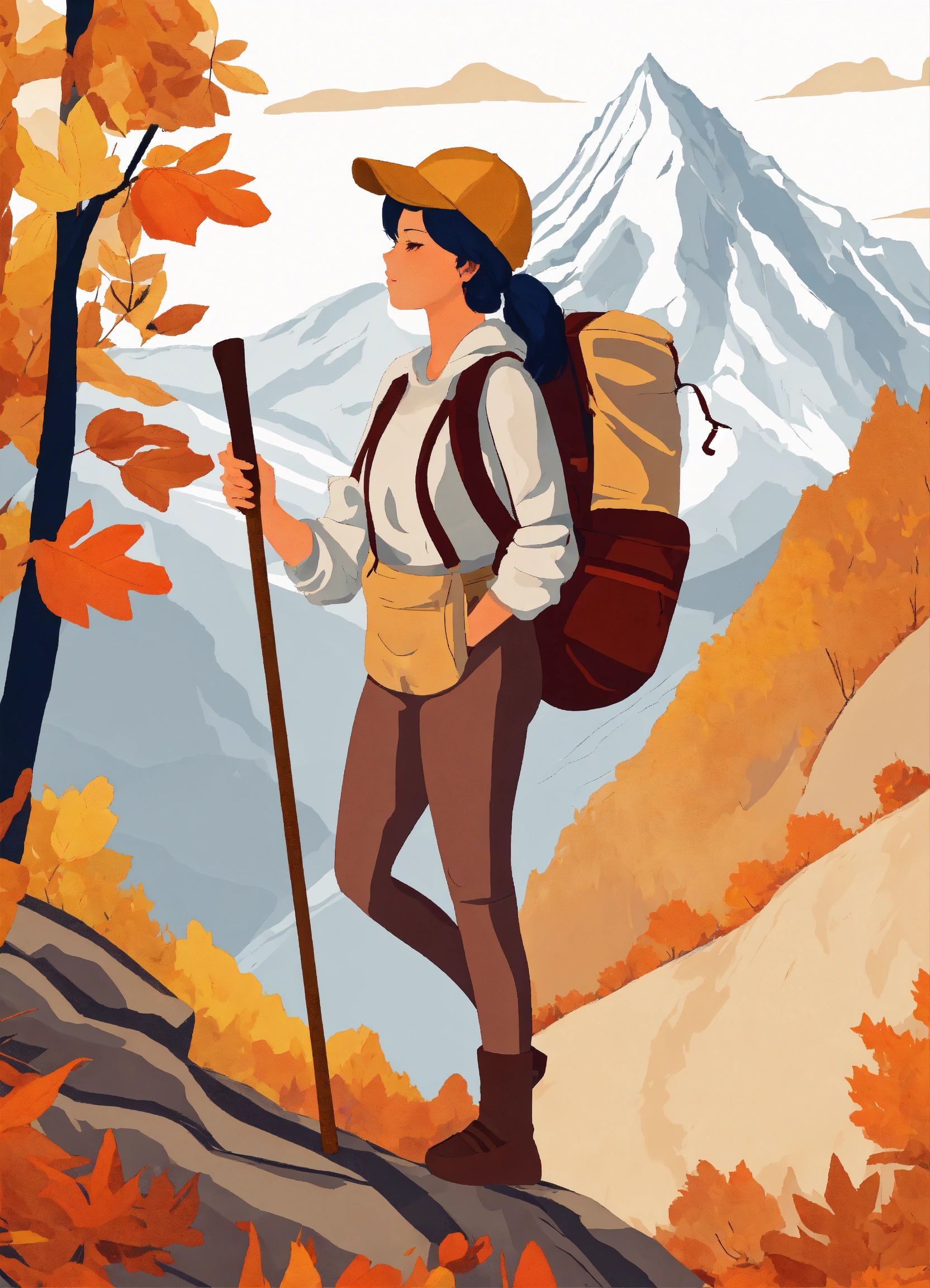 Lexica - Adorable female hiker, with wooden hiking stick, in autumn and ...