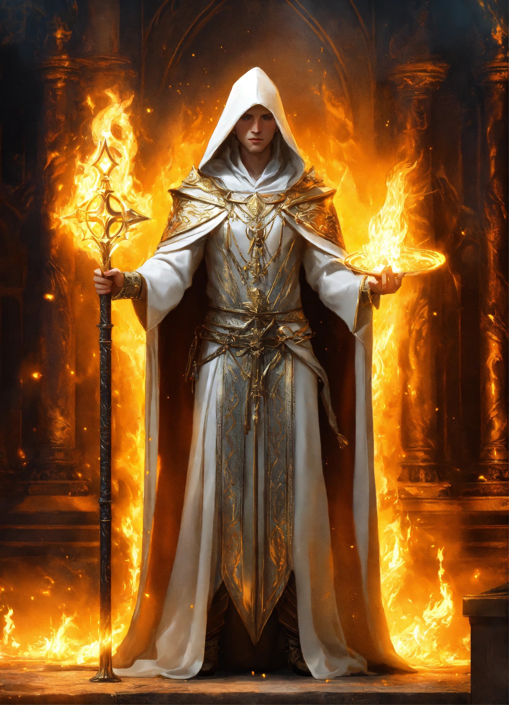 Lexica - Scene from a front view of a white elf wizard wearing a hooded ...