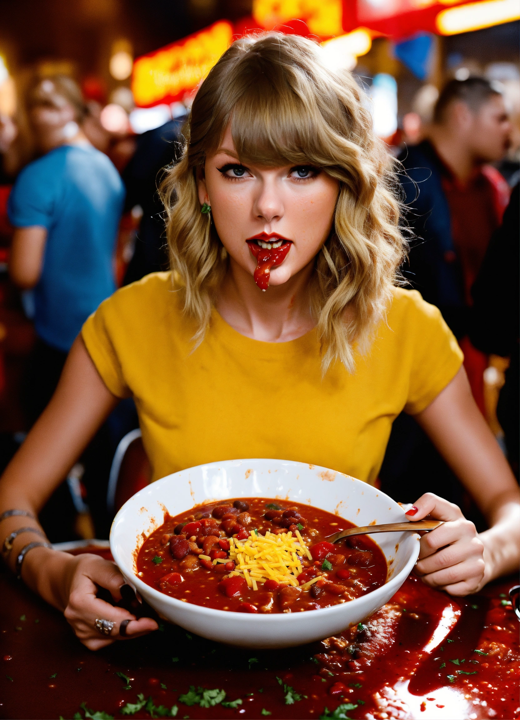Lexica - Photo realistic shot of taylor swift eating a large bowl of ...