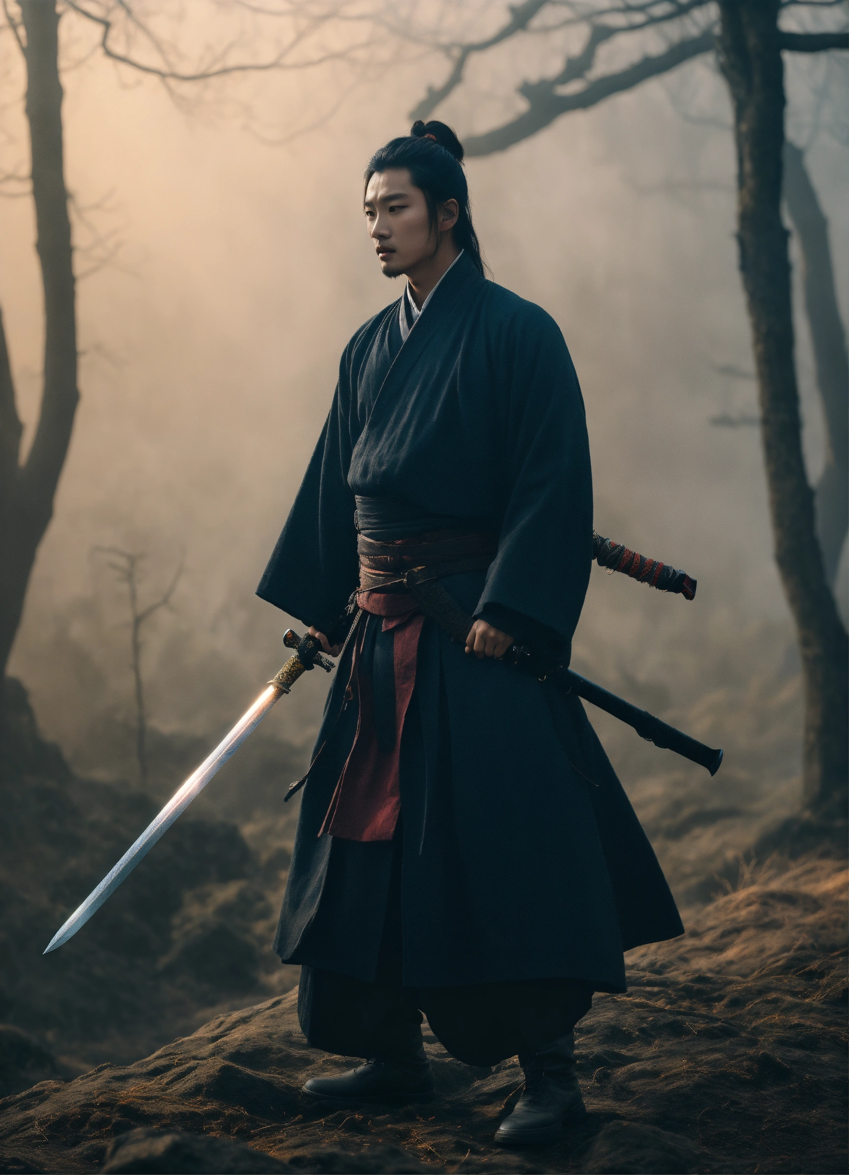 Lexica - Hwang Hyunjin carrying a shadow sword through the mist