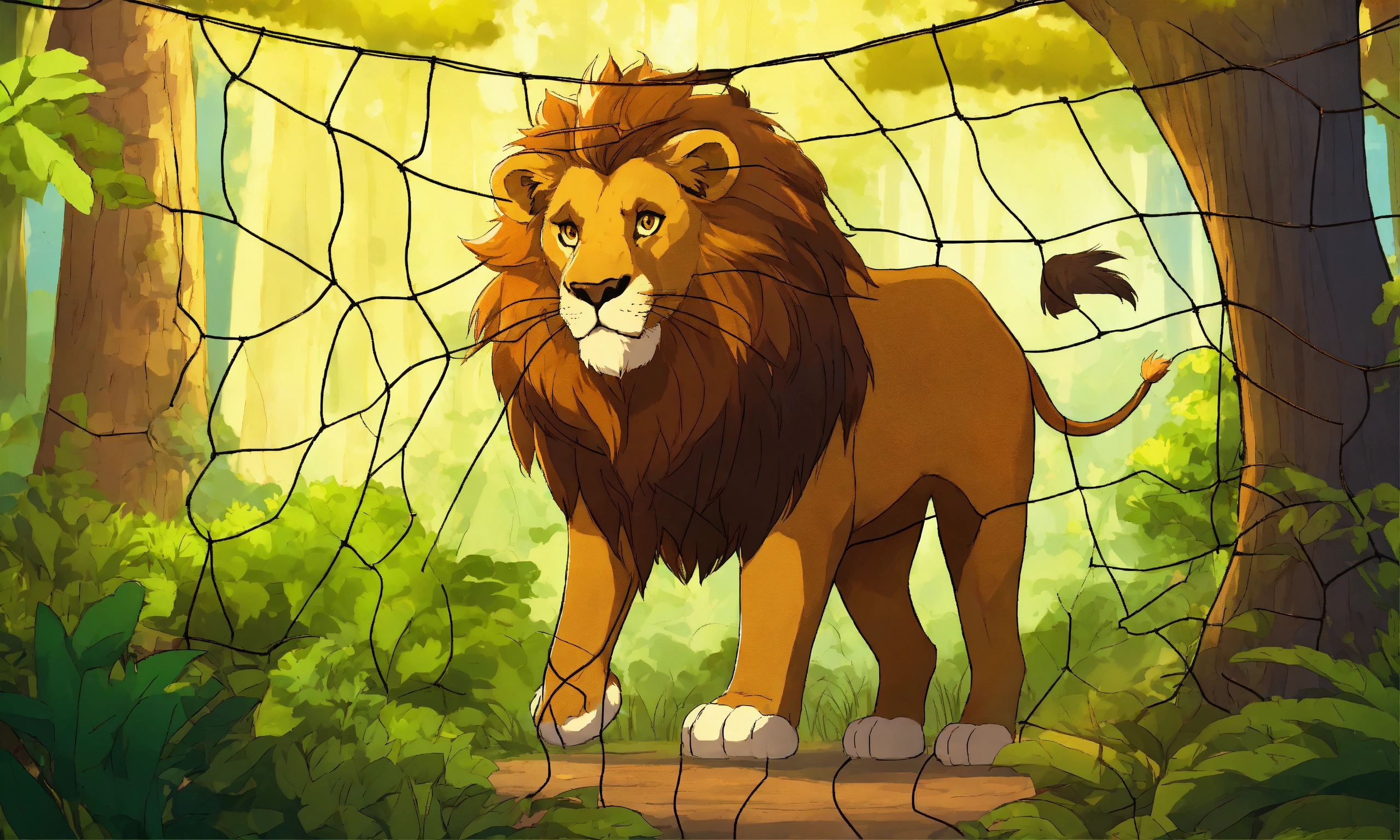 Lexica - Cartoon big lion captured in a net and net hung to tree in the ...
