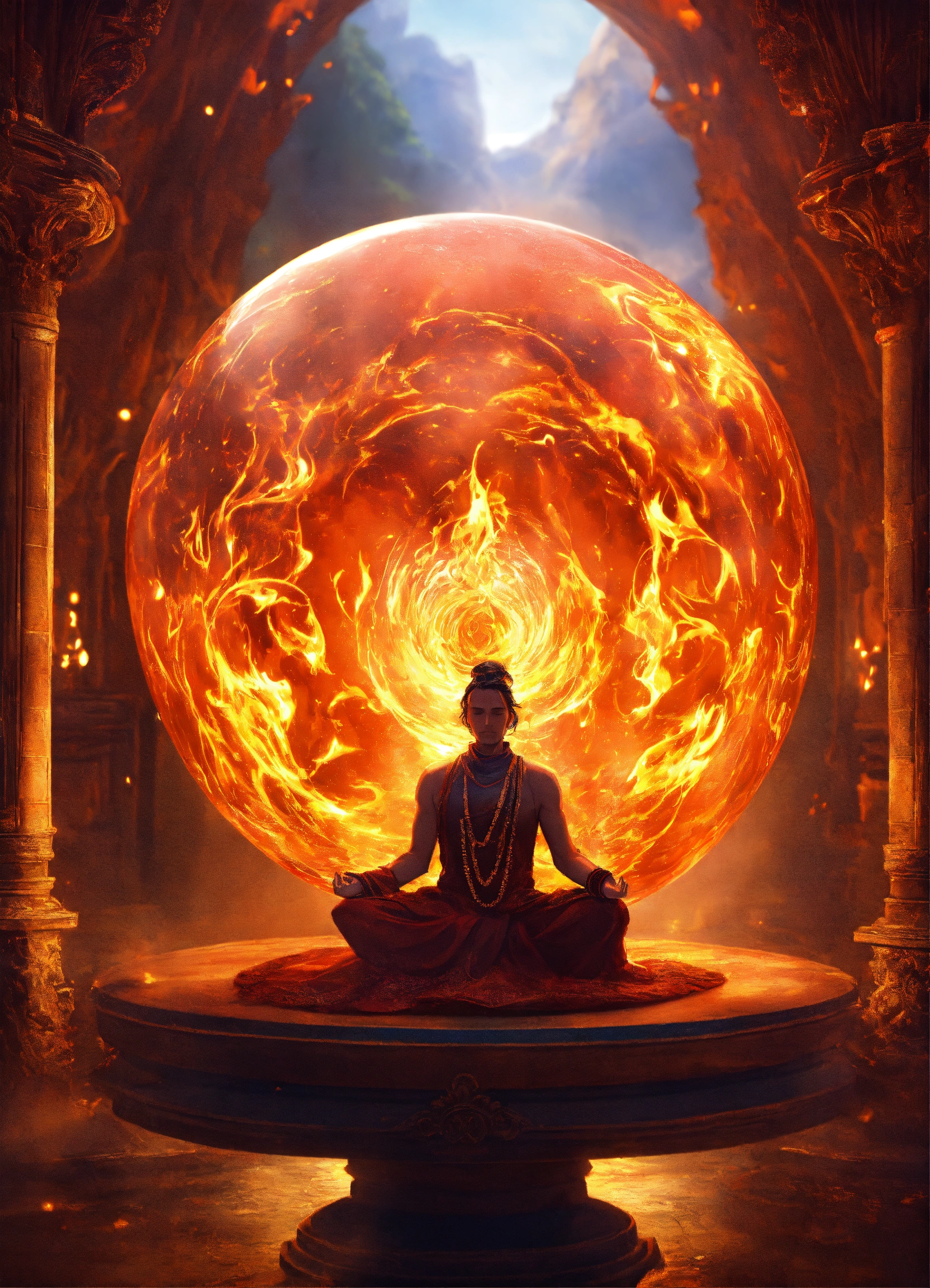 Lexica - Sphere made inliquid , fire , with a mage in cloth meditating ...