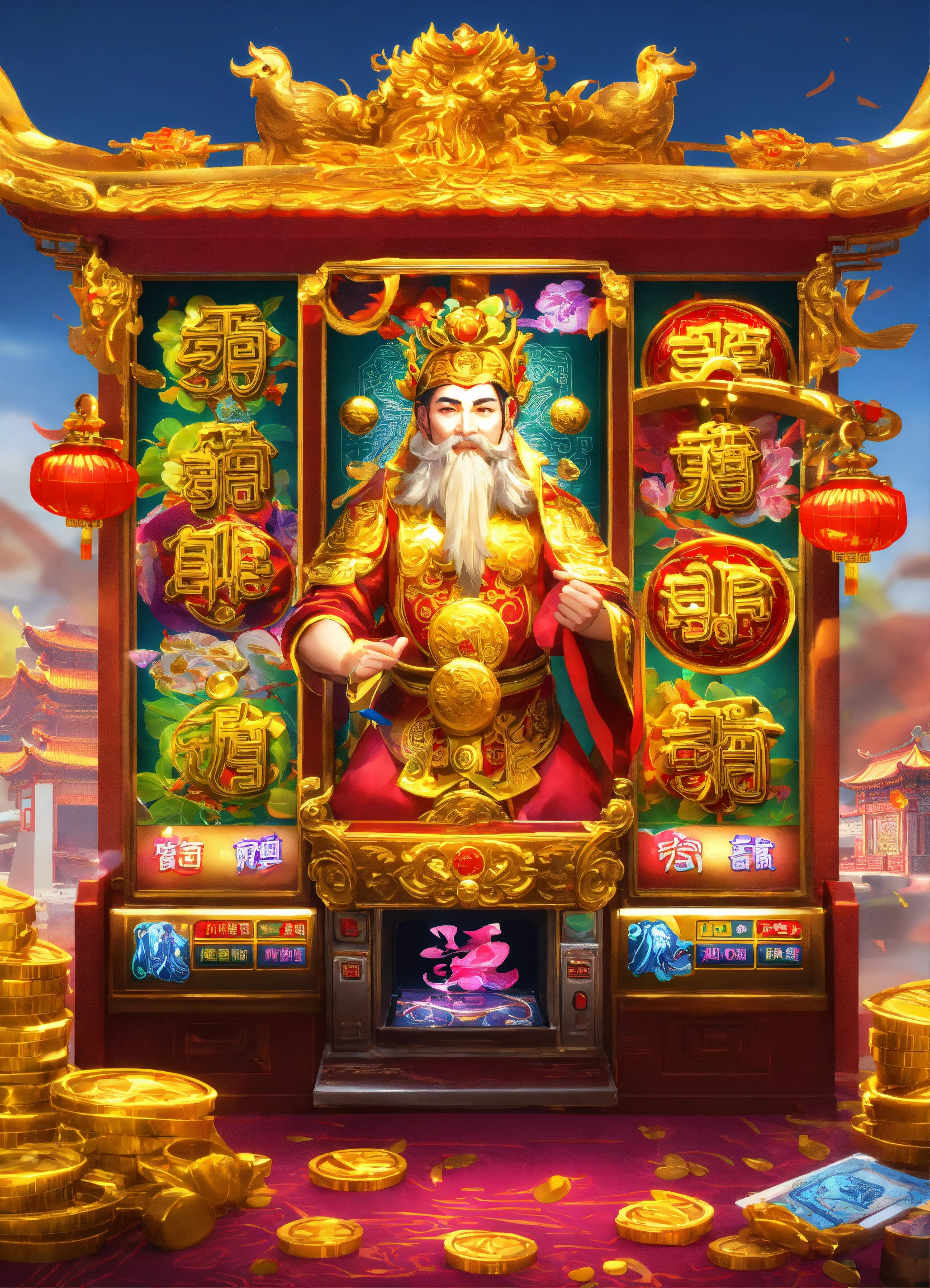 Lexica - 3D god of wealth (Chinese) slot machine game impressionistic ...